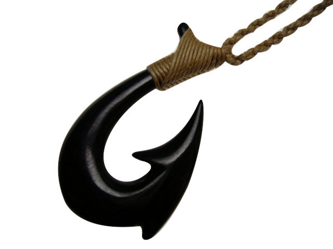 Black Dyed Buffalo Bone Hand Carved Maui Fish Hook Makau Knotted W ...