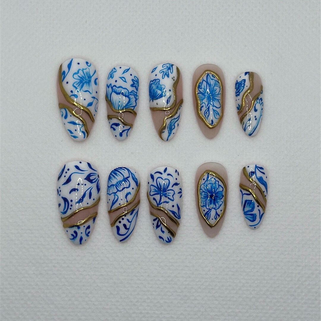 Blue Porcelain Floral Press on Nails | Hand Painted Chinoiserie | Gold ...