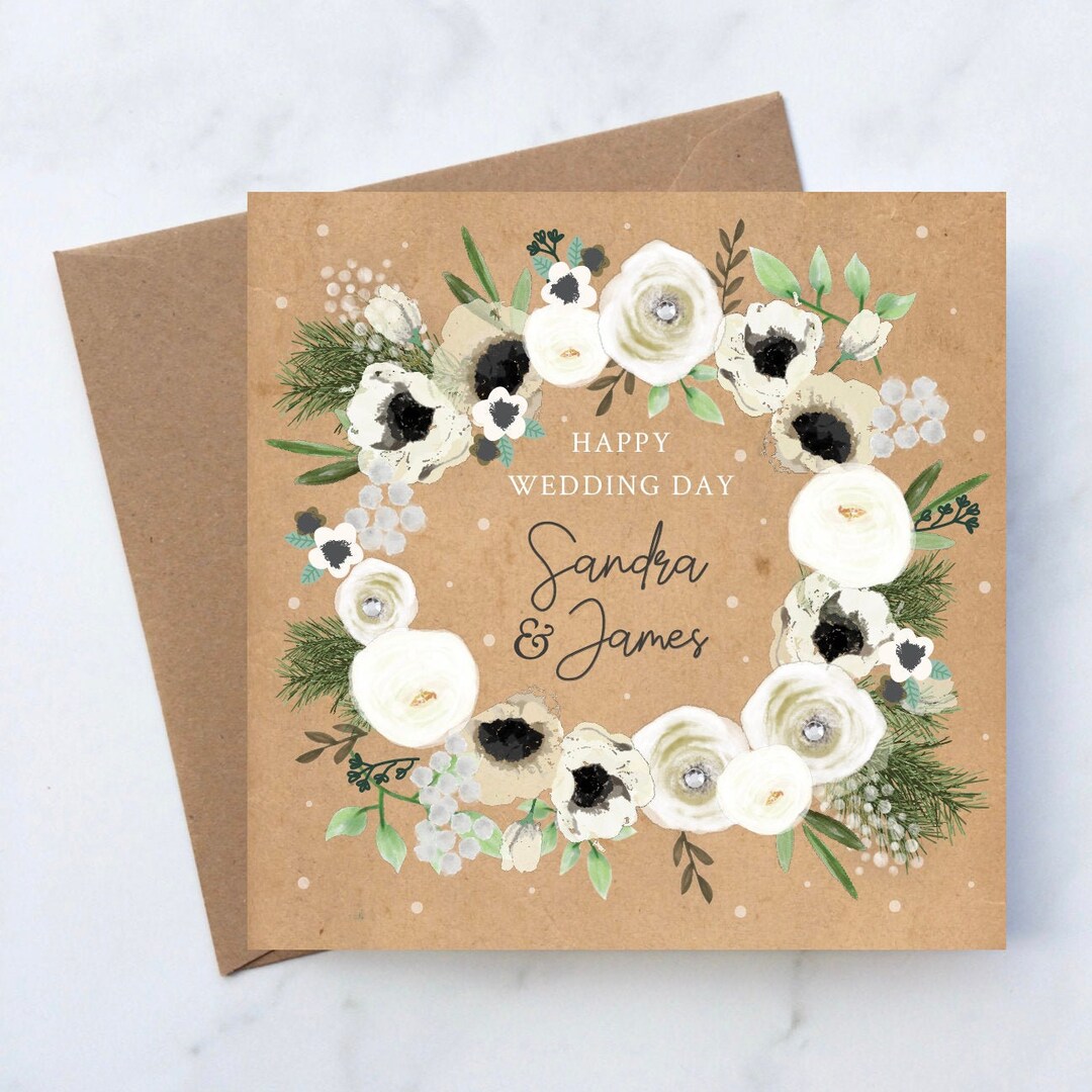 Wedding Day Card, Personalised Floral Wreath Wedding Card, Pretty ...