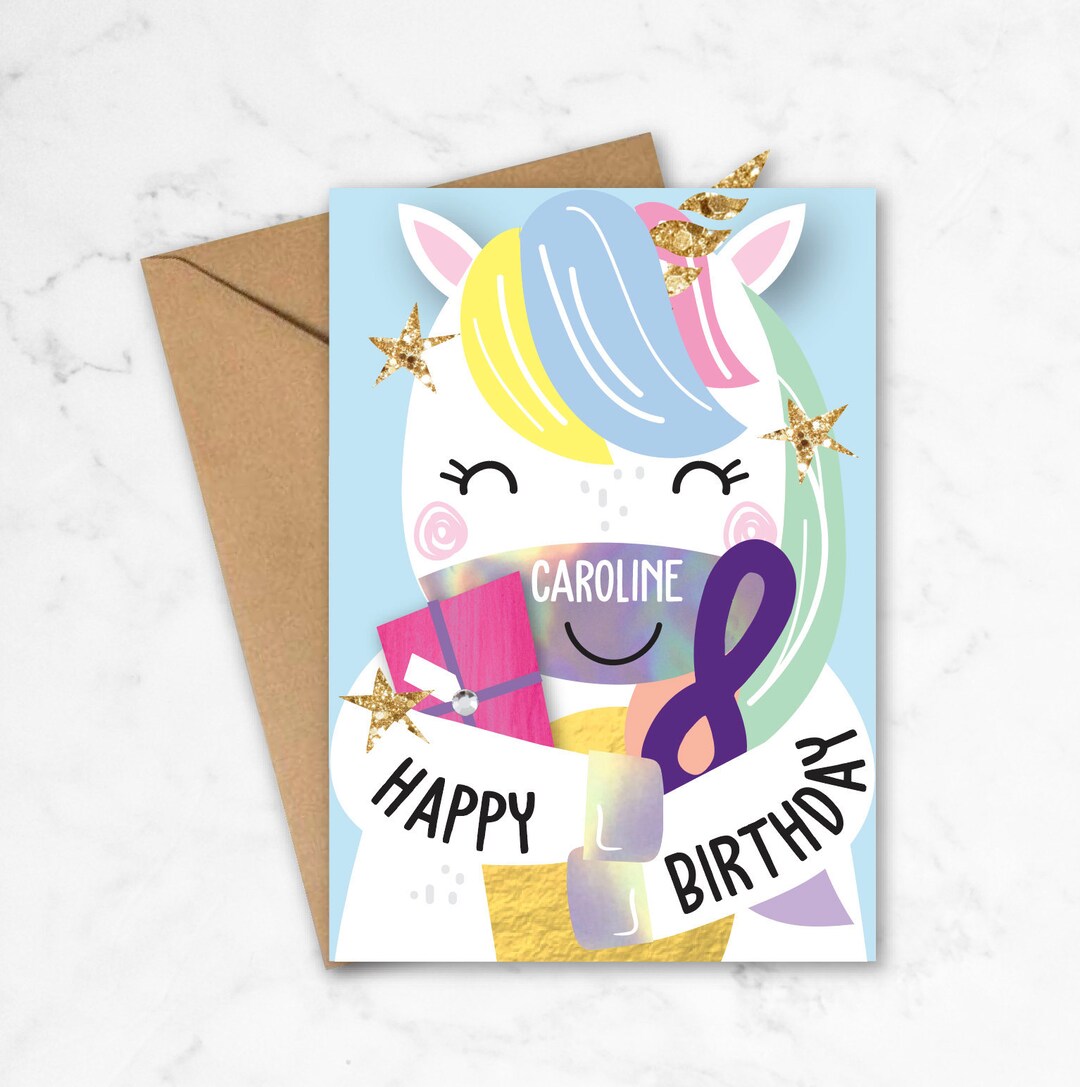 Unicorn Birthday Card, Kids Cute Unicorn Birthday Card, Pretty Unicorn ...