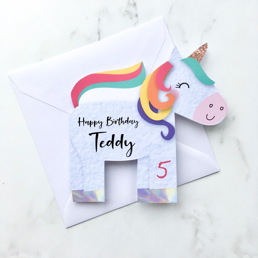 Small Rainbow Unicorn Birthday Card With Name and Age, Personalised ...