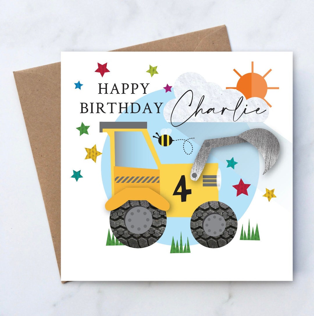 Digger Birthday Card, Personalised Yellow Digger Card, Kids Digger ...
