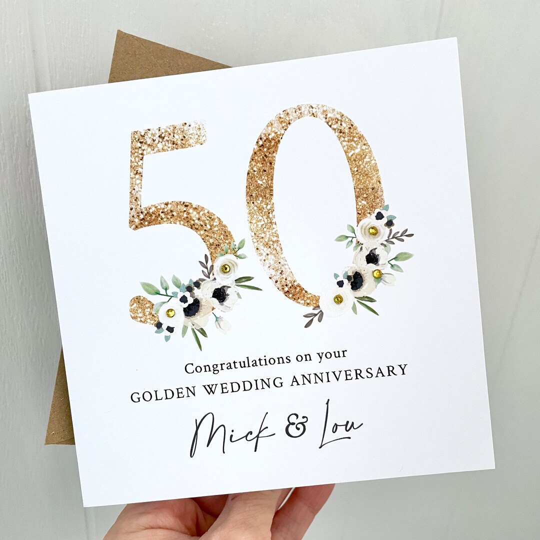 50th Wedding Anniversary Card, Personalised Gold Wedding Card, Pretty ...