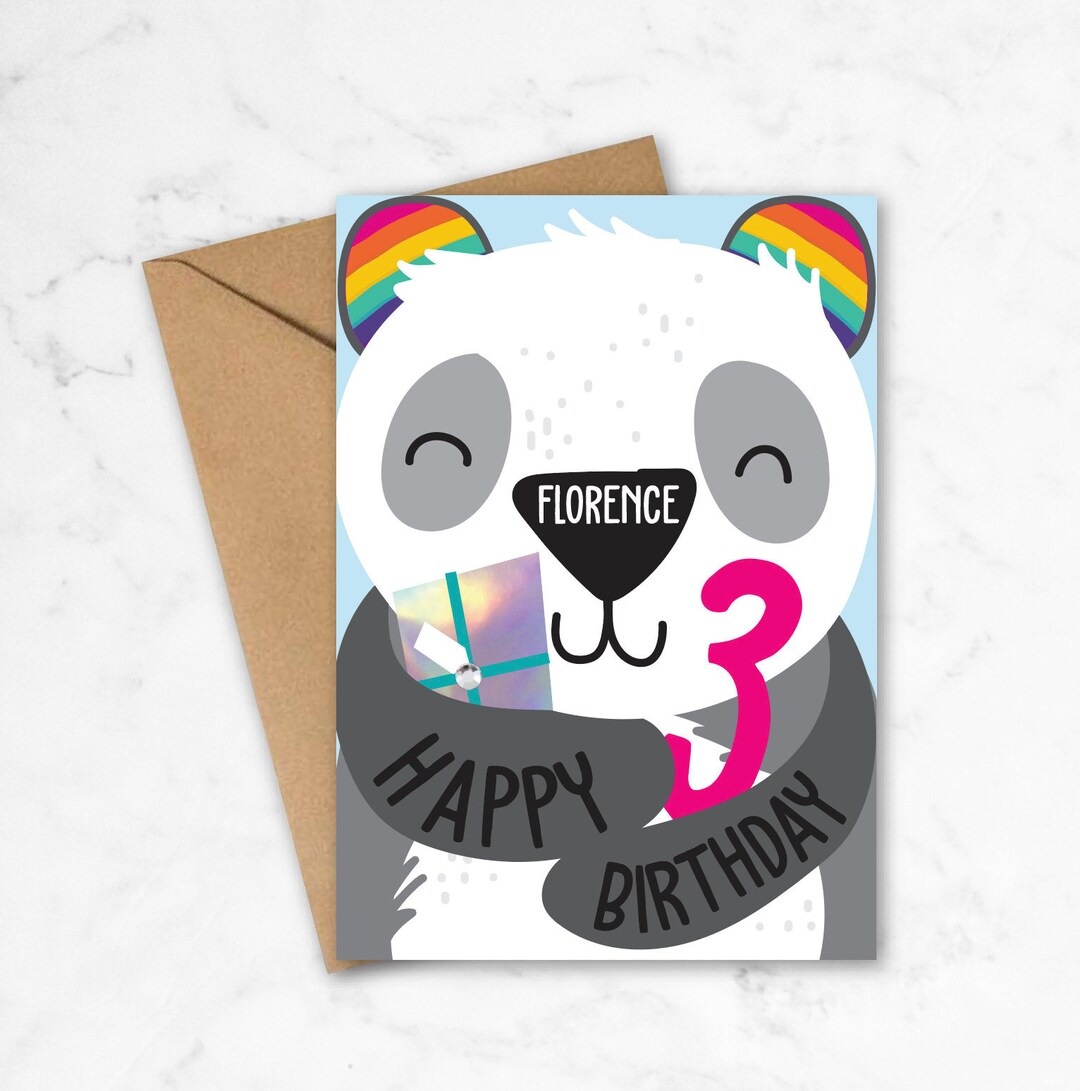 Cute Panda Birthday Card, Rainbow Panda Birthday Card, Kids Cute Animal ...