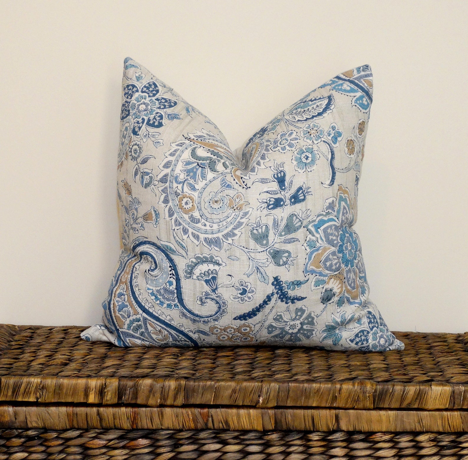 Hamptons Style Paisley Pillow Cover Blue and Limestone Grey Linen Rayon ...