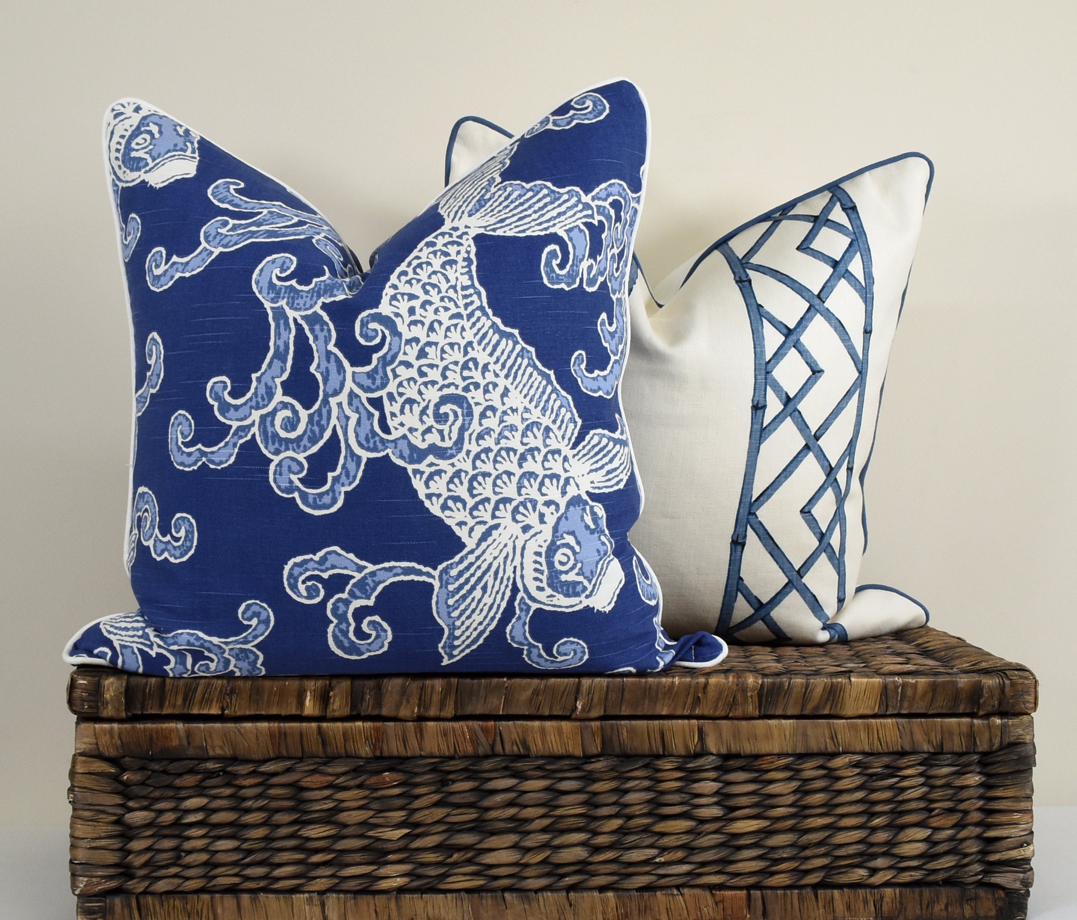 Chinoiserie Fish Pillow Cover Navy and White Koi Fish Cushion - Etsy