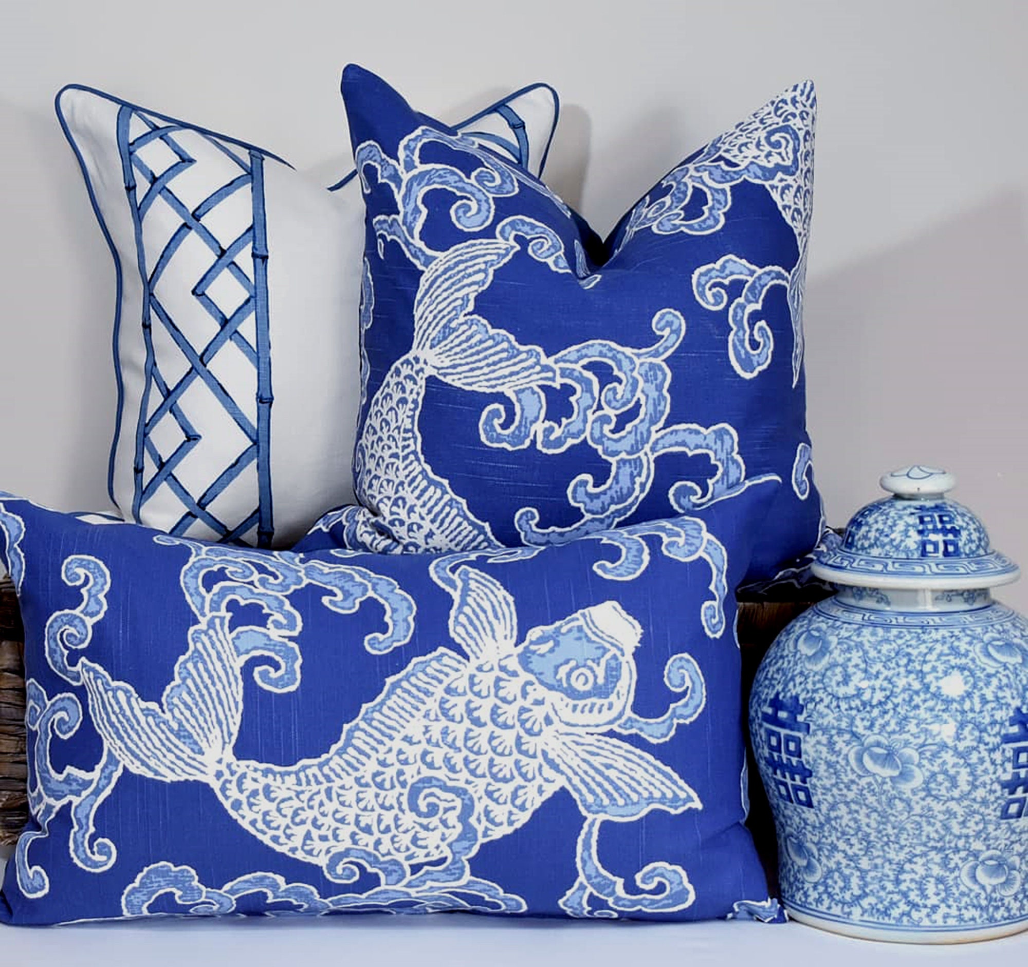 Chinoiserie Fish Pillow Cover Navy and White Koi Fish Cushion - Etsy