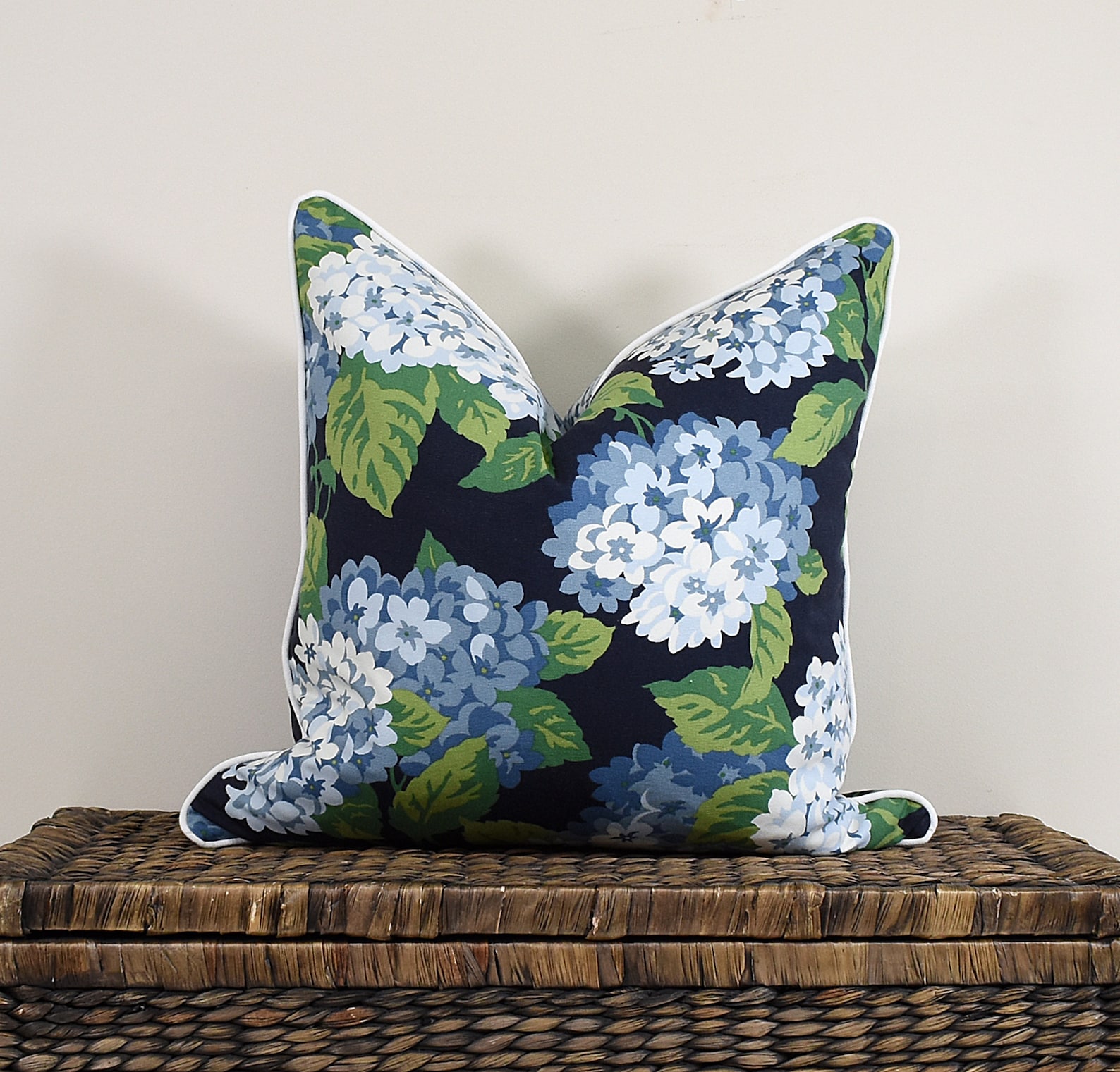 Navy and Green Hydrangea Pillow Cover Hampton Style Cushion Navy Blue ...