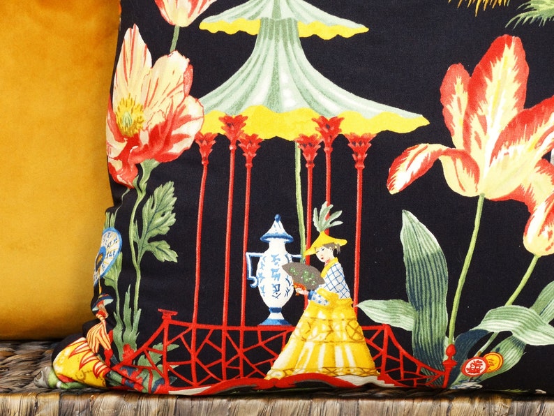 Black Chinoiserie Pillow Red Pagoda Cushion Asian Toile Accent Etsy