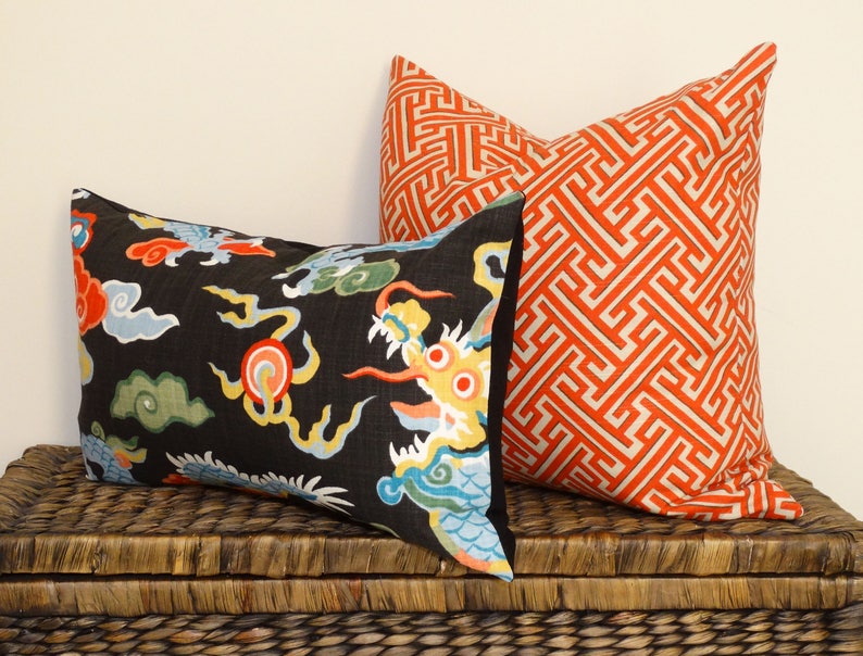 Black Chinoiserie Pillow Cover Dragon Cushion Blue Coral Asian Etsy