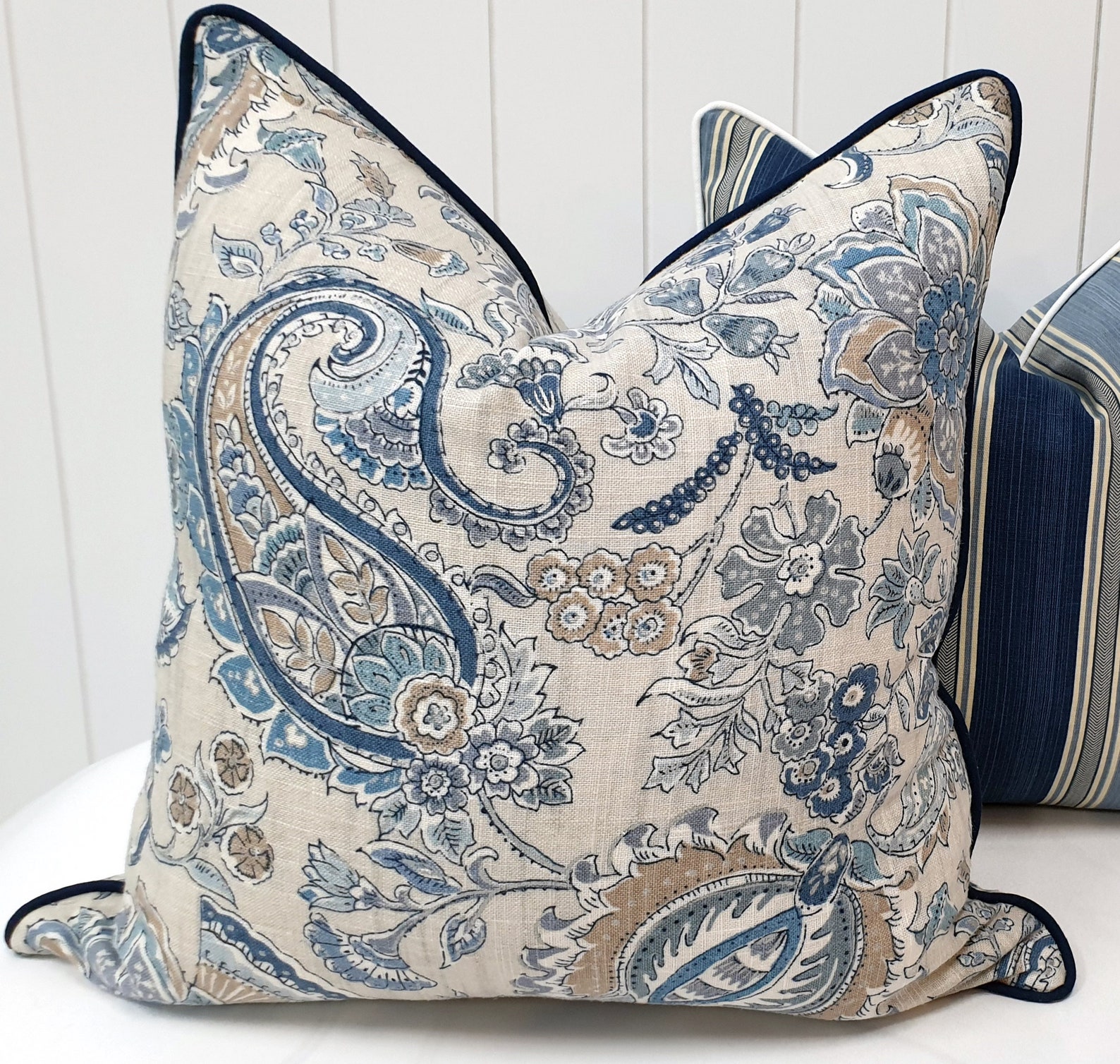 Hamptons Style Paisley Pillow Cover Blue and Limestone Grey Linen Rayon ...