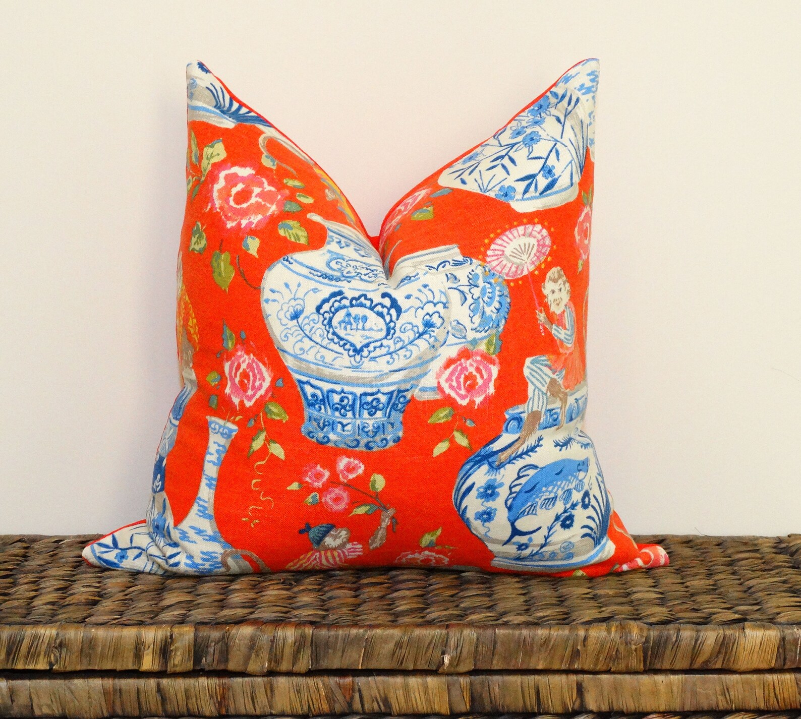 Chinoiserie Ginger Jar Pillows Monkey Cushions Red Porcelain Blue ...