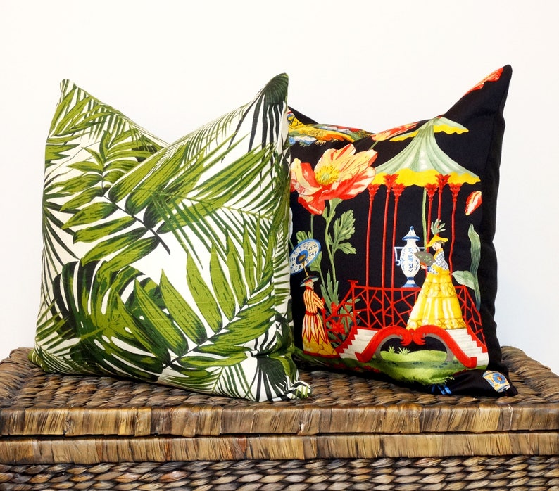 Black Chinoiserie Pillow Red Pagoda Cushion Asian Toile Accent Etsy