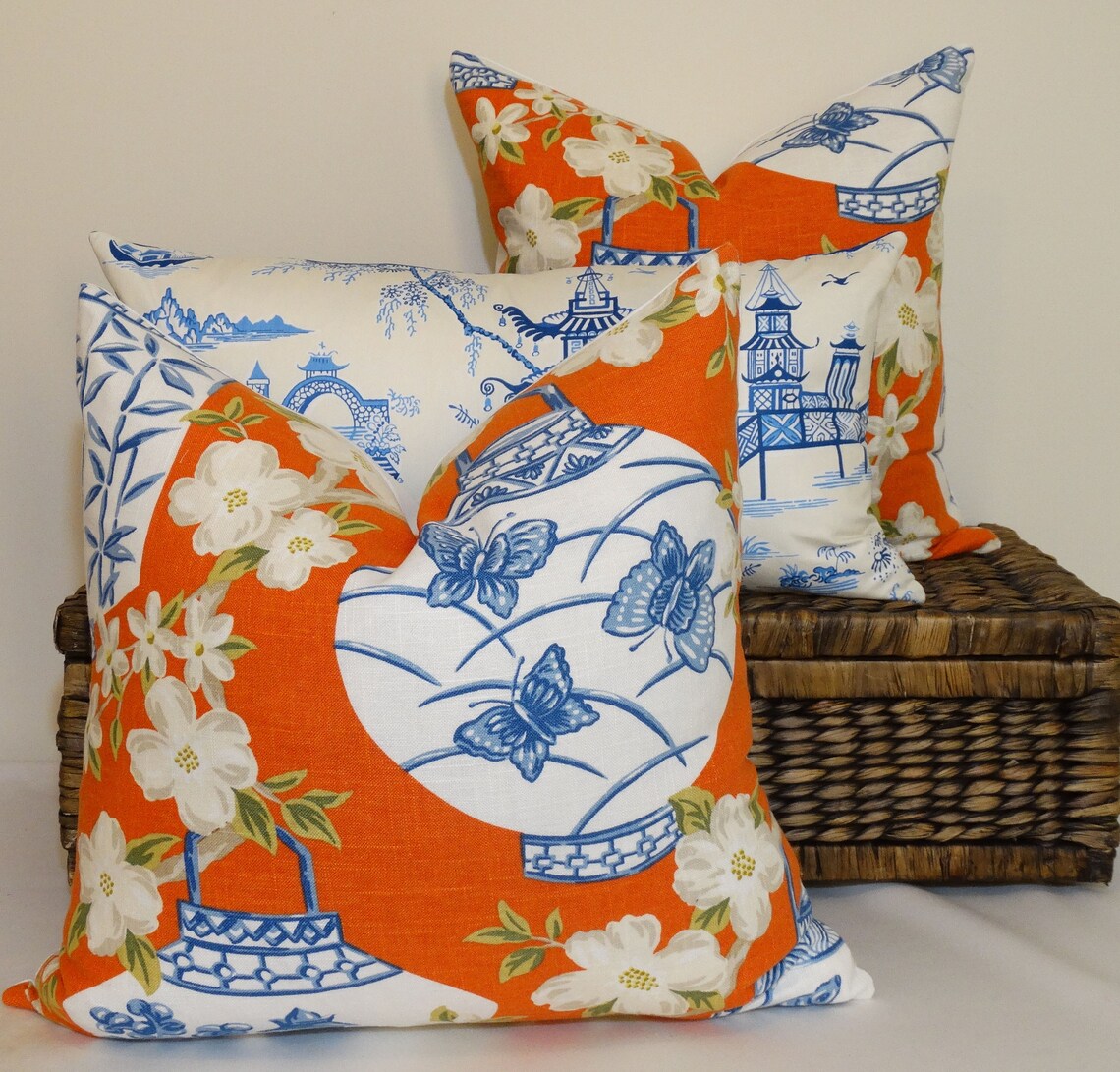 Orange Chinoiserie Pillow Cover Asian Pagoda Cushion Blossom White Blue ...