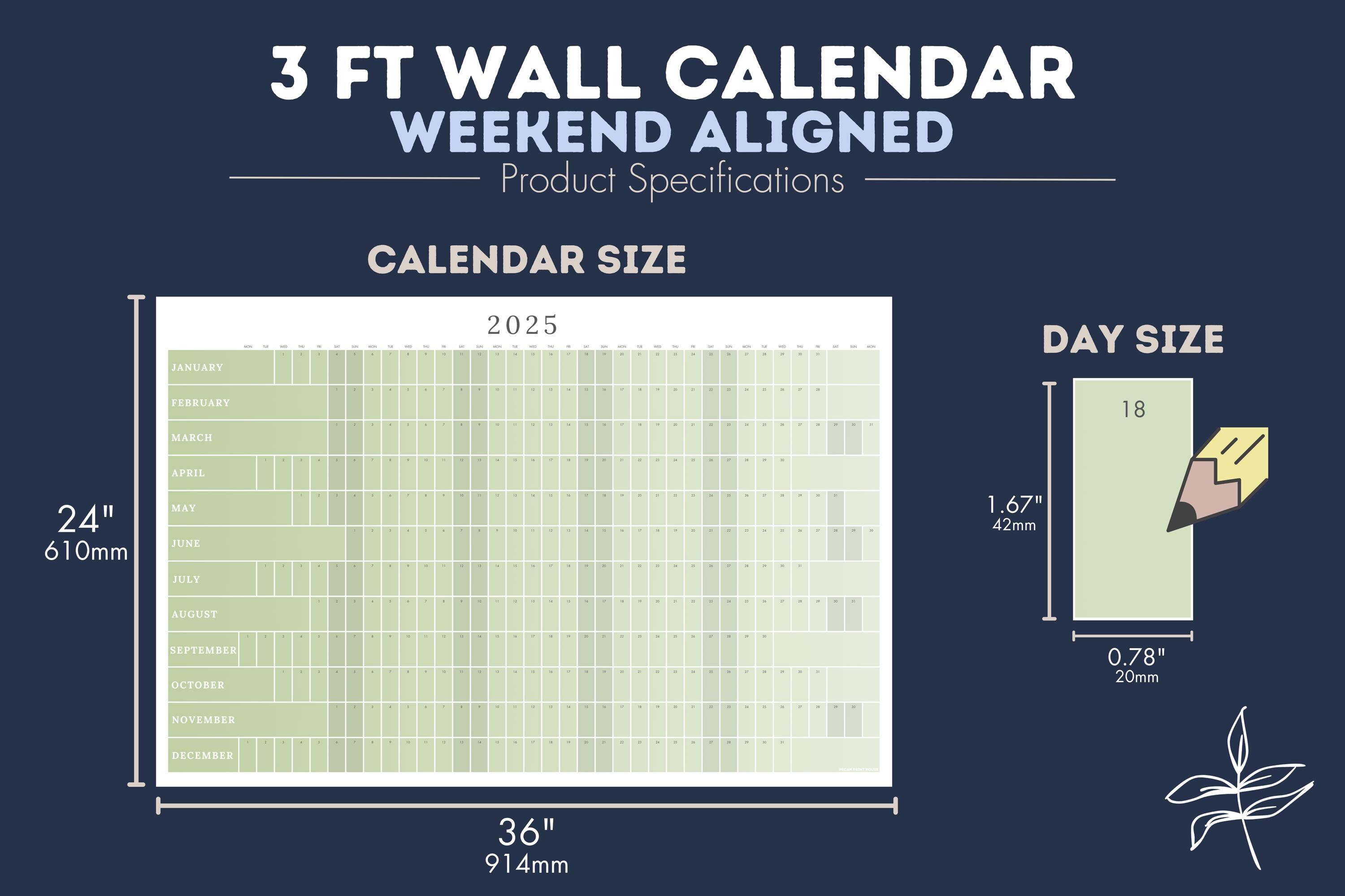 2025 3 Foot Wall Calendar Weekend Aligned 3ft X 2ft Large Yearly Wall ...