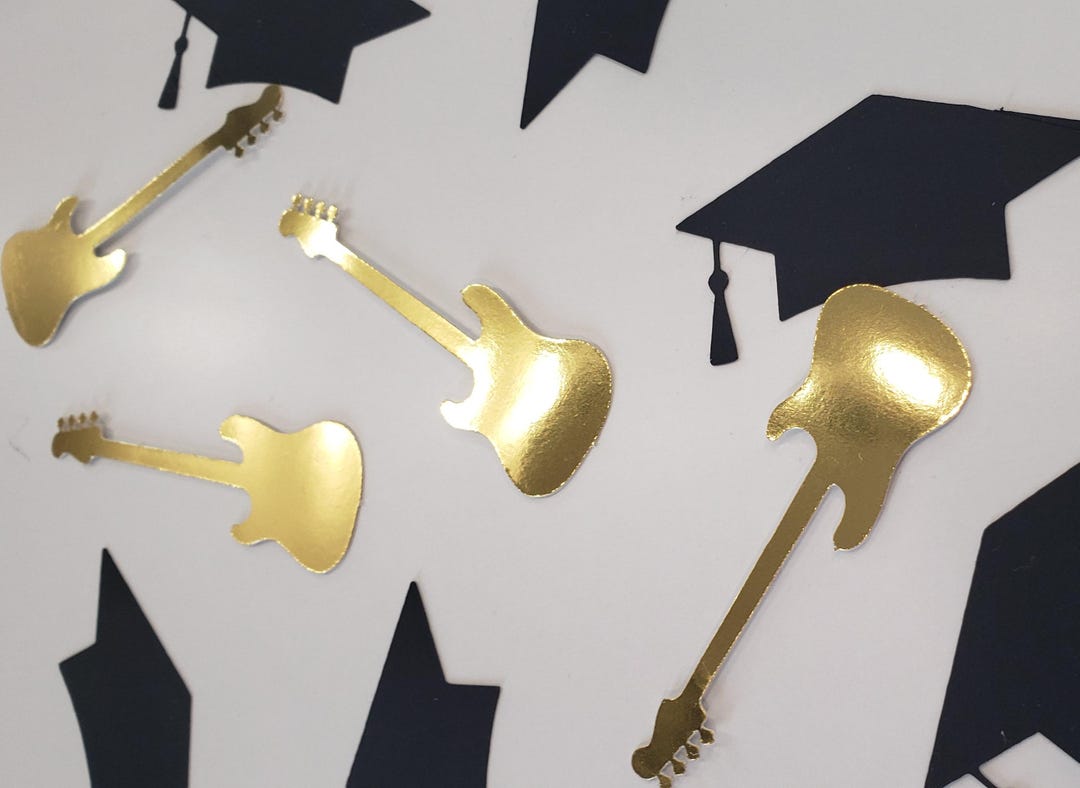 Graduation Table Confetti. Metallic Gold Bass Guitar and Grad Cap ...