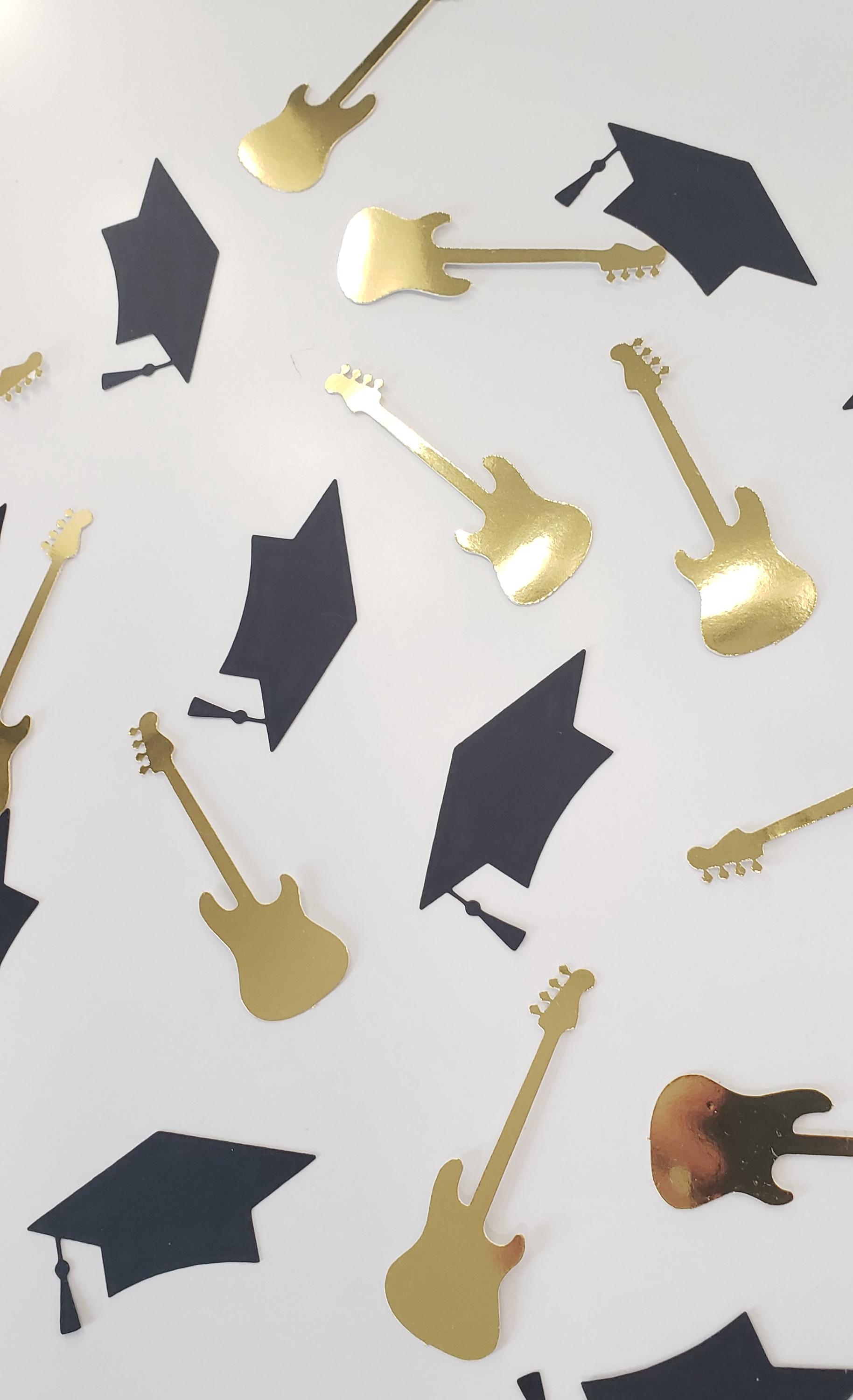 Graduation Table Confetti. Metallic Gold Bass Guitar and Grad Cap ...