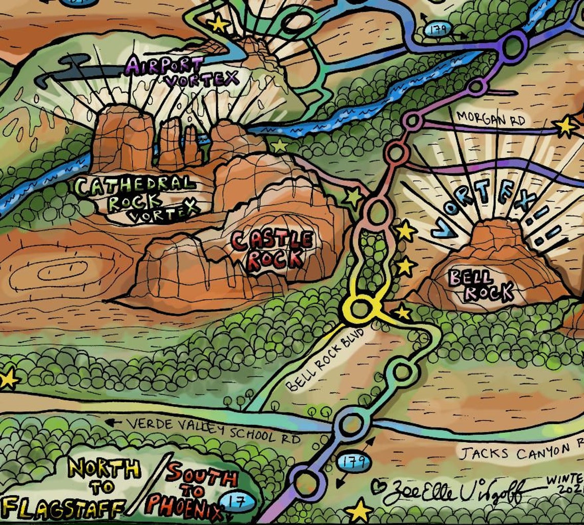 Sedona Map Illustrated by Local Artist Vortex Guide Hiking - Etsy