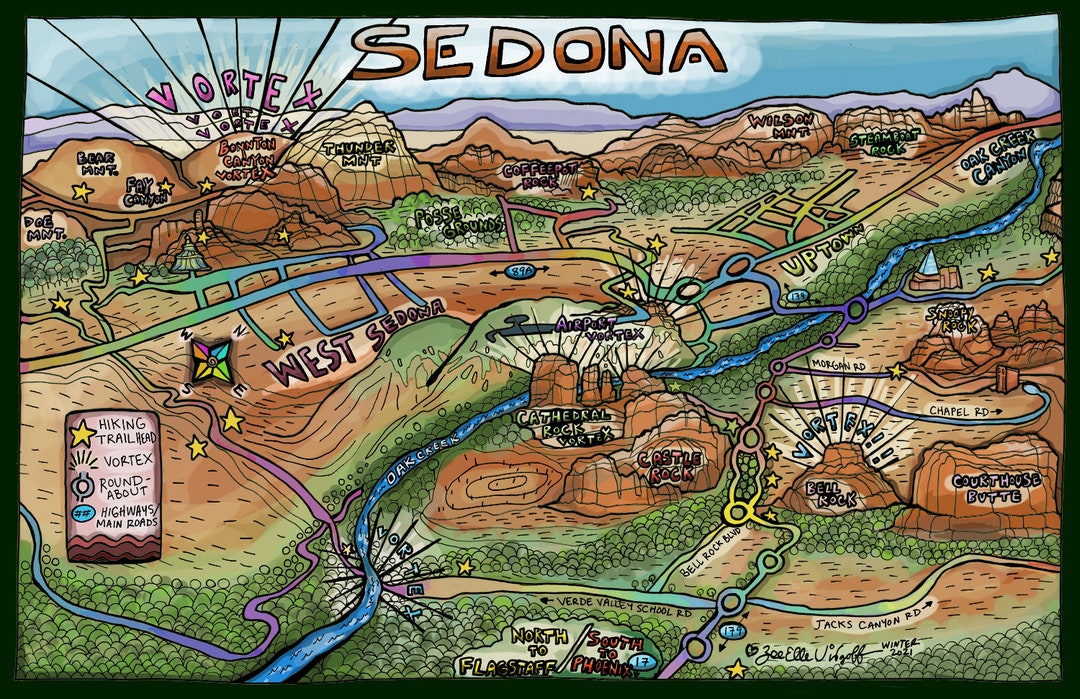 XL Sedona Map Print, Illustrated by Local Artist, Vortex Guide, Hiking ...