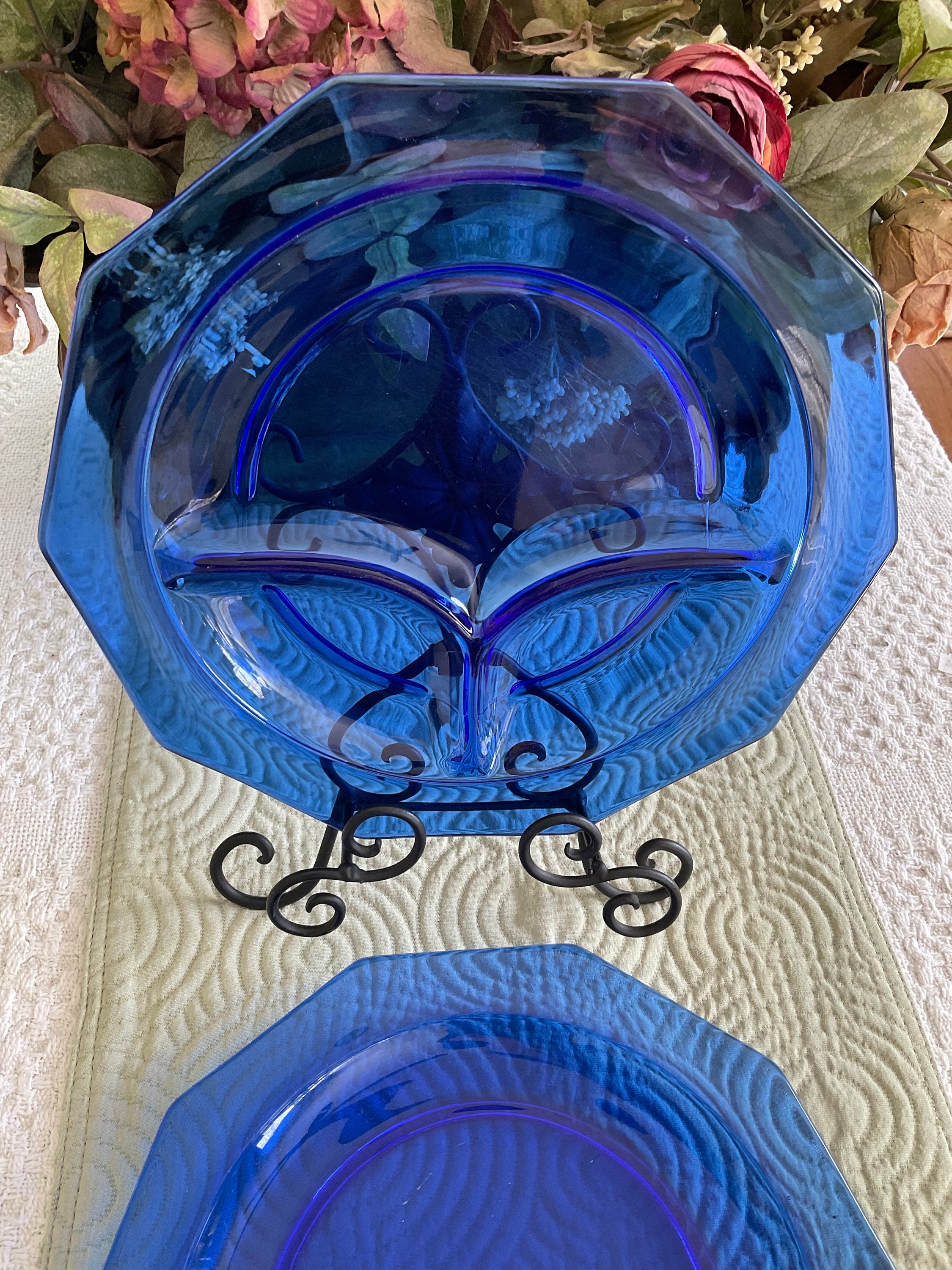 Depression Glass Cobalt Blue Decagon Divided Plates 10 Inches Set of 3 ...