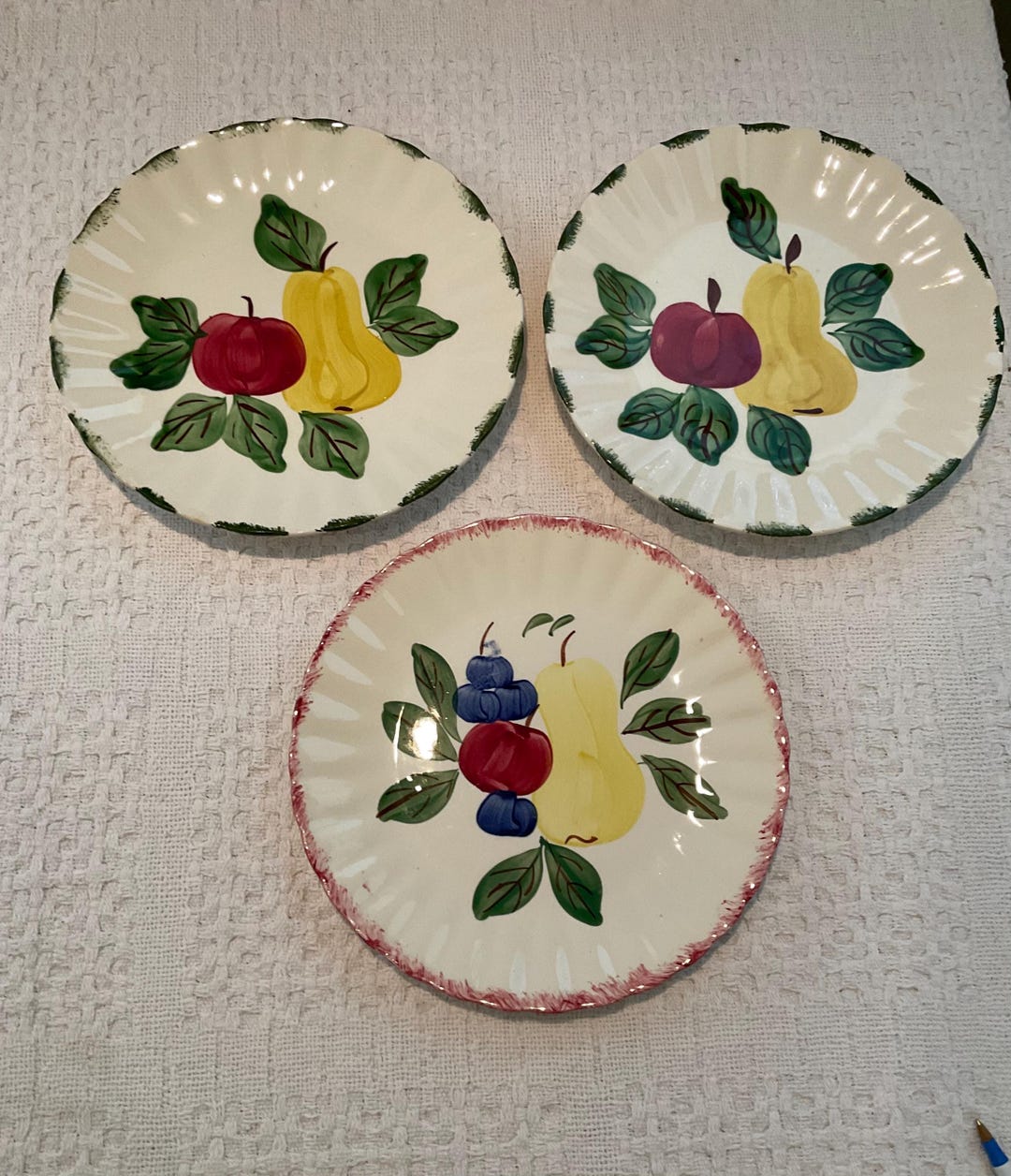 3 Vintage Blue Ridge Southern Potteries Bluebell Dinner Plates Apple ...