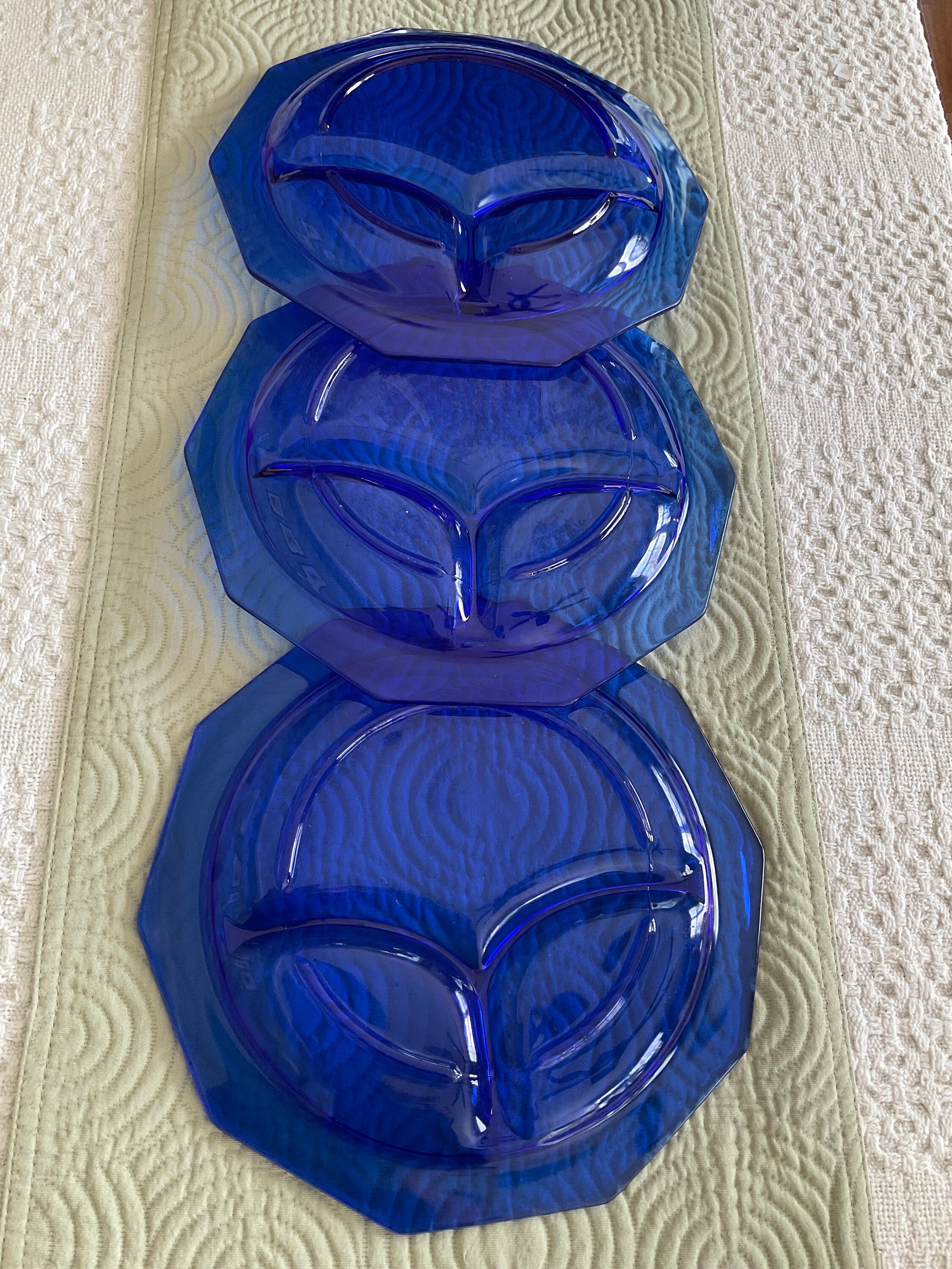 Depression Glass Cobalt Blue Decagon Divided Plates 10 Inches Set of 3 ...