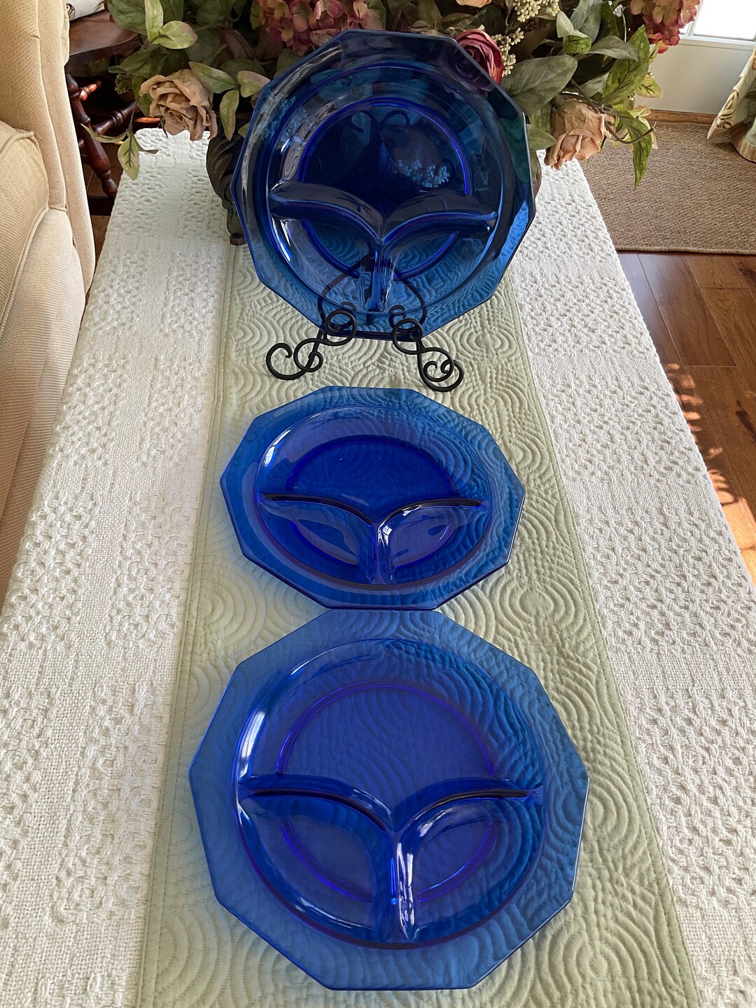 Depression Glass Cobalt Blue Decagon Divided Plates 10 Inches Set of 3 ...