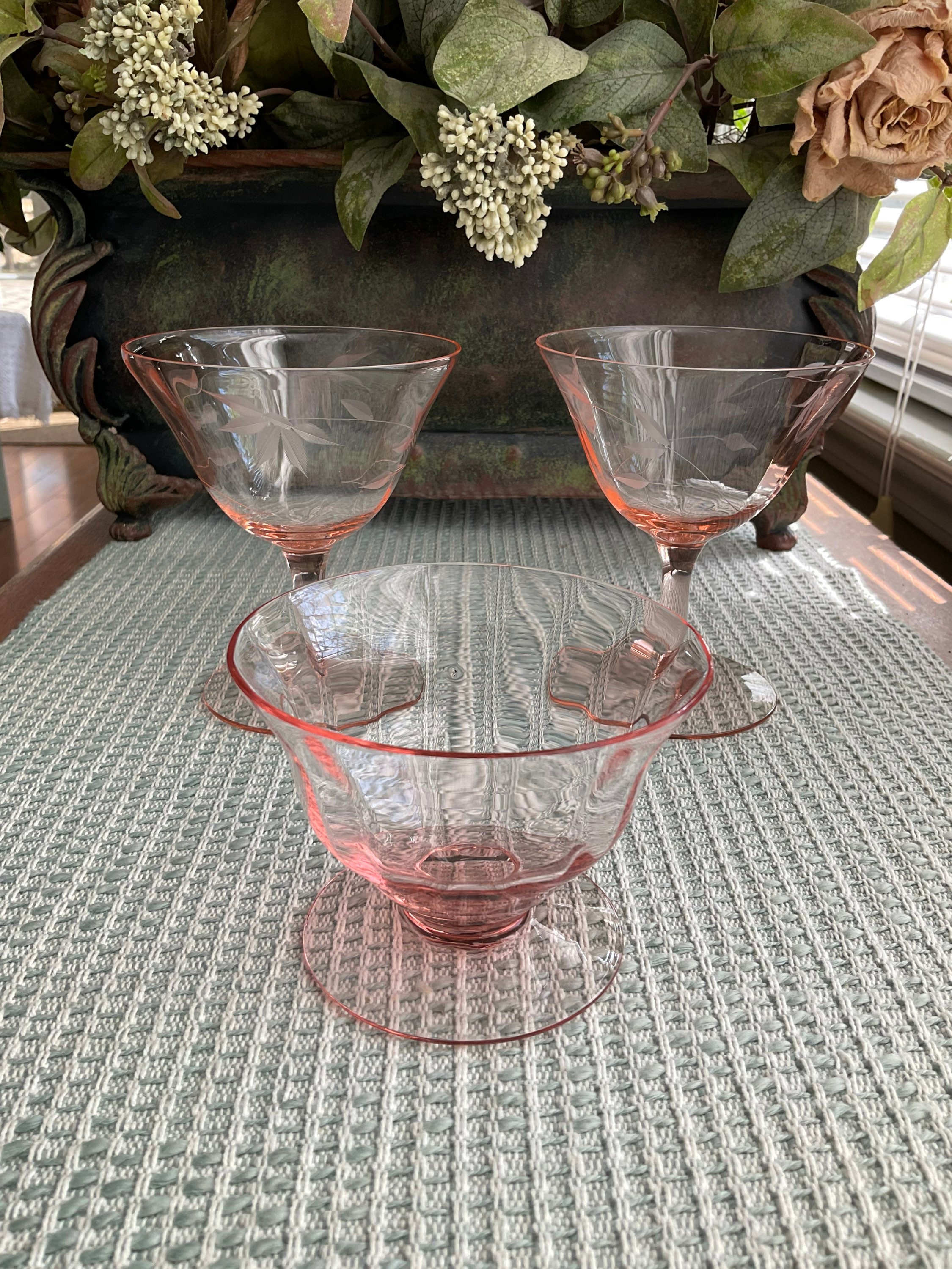 6 Assorted Pink Depression Glassware Cone Shaped Glasses Etched ...