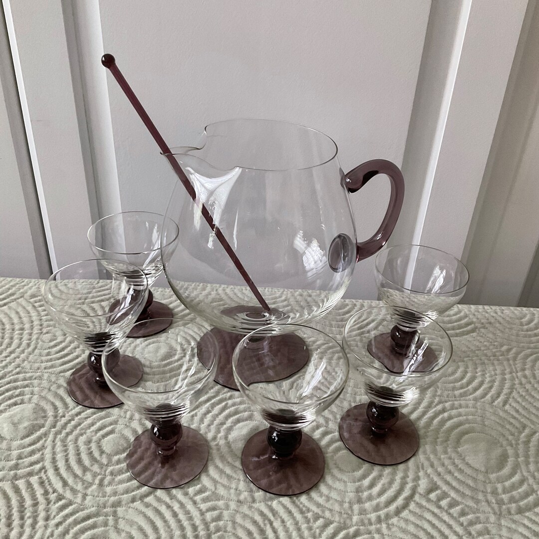 Mid Century Cocktail Pitcher, Glasses, and Stirrer Clear and Amethyst ...