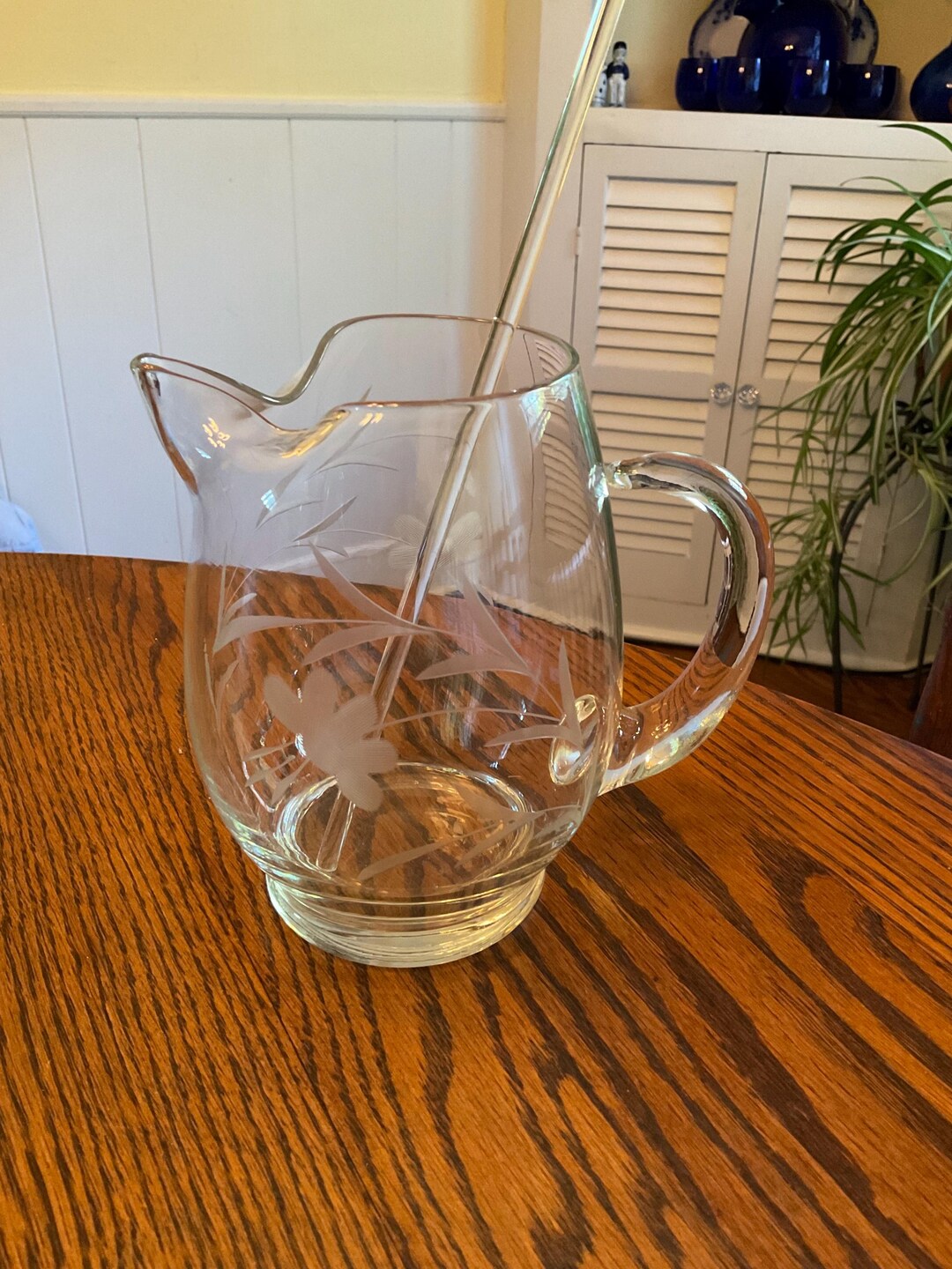 Vintage Etched Flowers and Leaves Glass Cocktail Martini Pitcher With ...