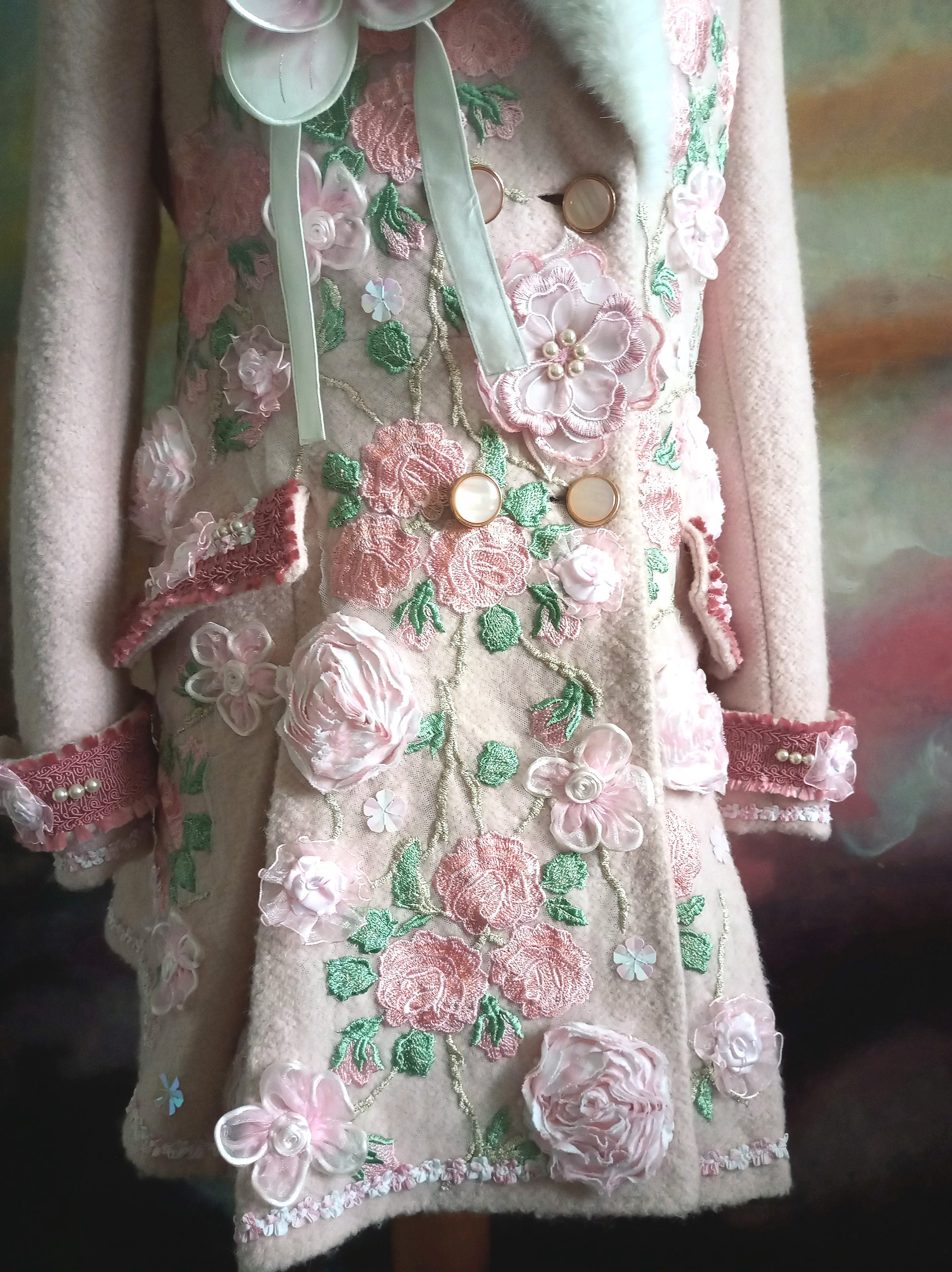 Lolita Pink Wool Coat, Floral Coat, Ornate Coat, Hand decorated, Boho ...