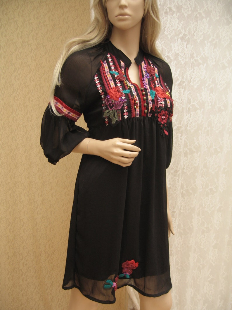 Romantic Black Boho Inspired Tunic-dress,hand Embroidery,with Silk Hand ...