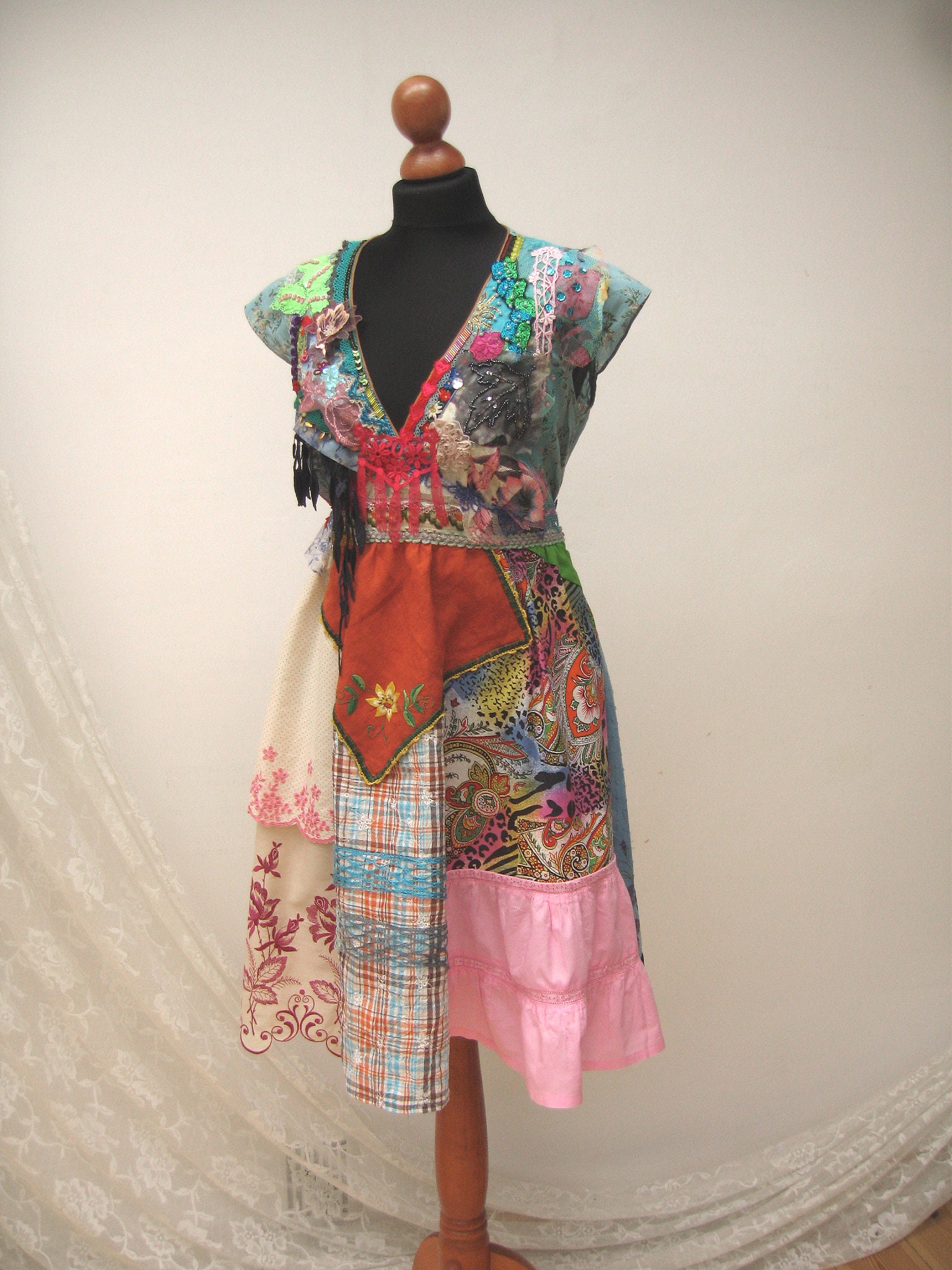 Unigue Mix Cotton Textil Dress, Adorned Gypsy Dress, Upcycled Dress ...