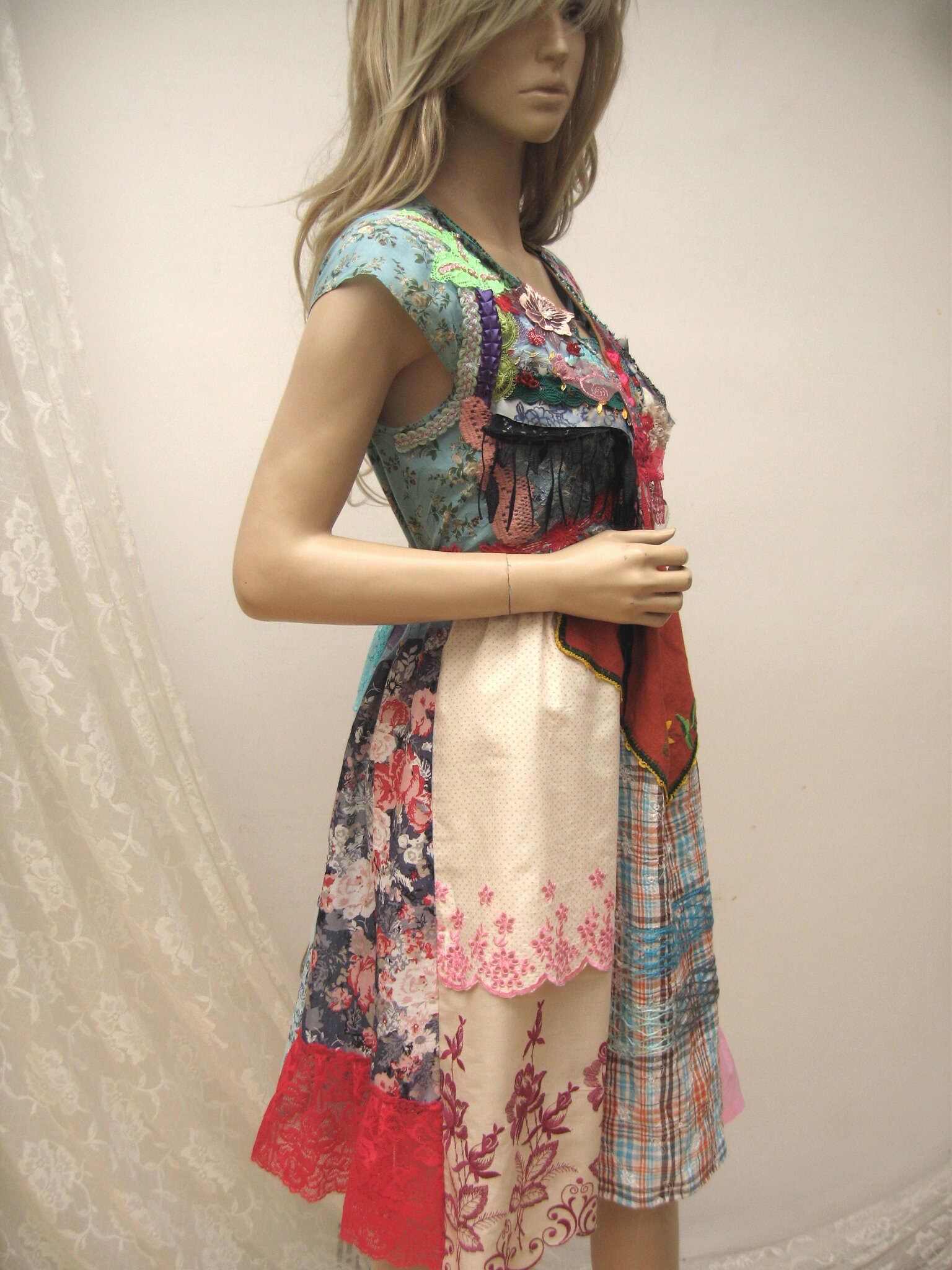 Unigue Mix Cotton Textil Dress, Adorned Gypsy Dress, Upcycled Dress ...