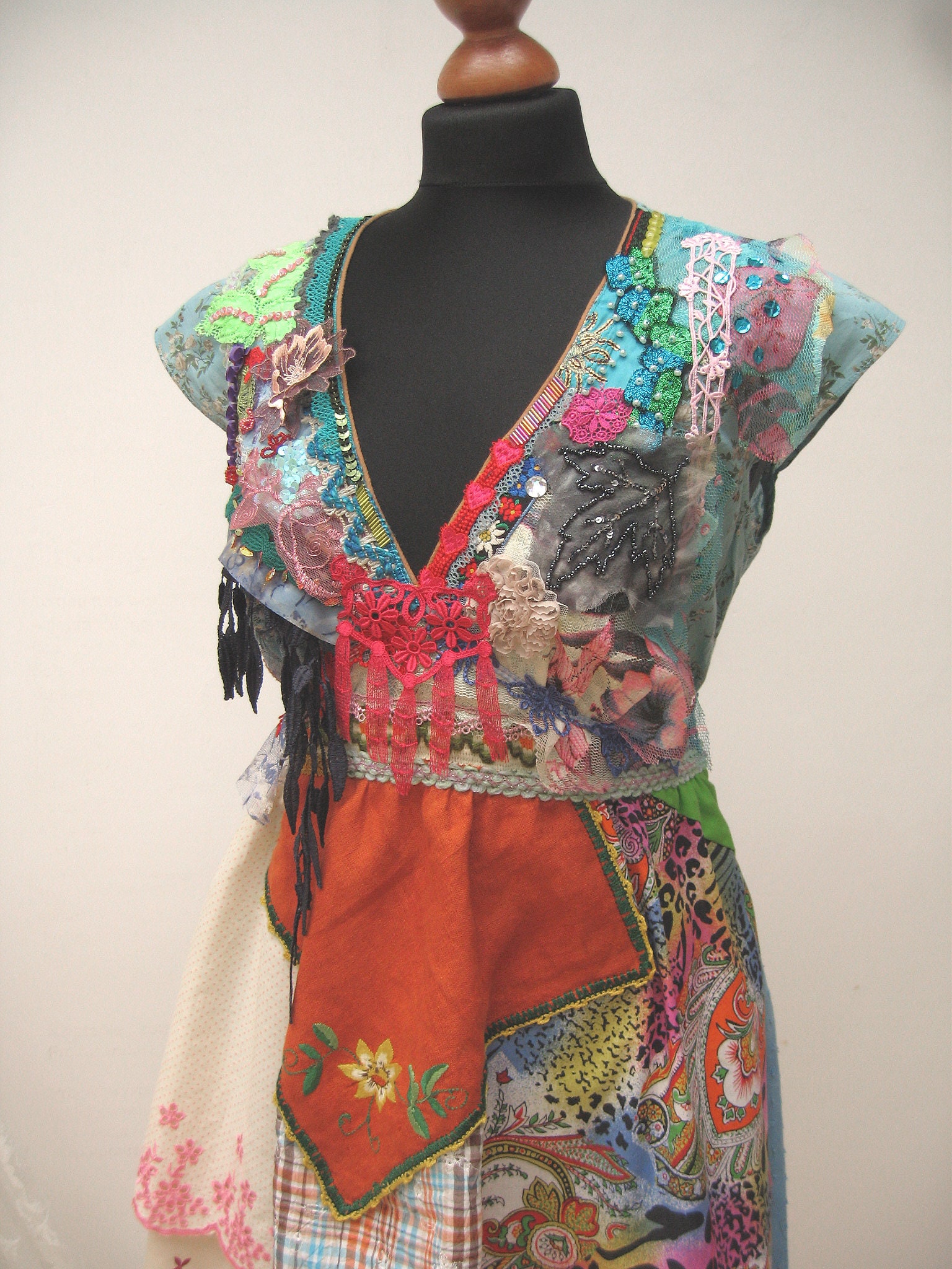 Unigue Mix Cotton Textil Dress, Adorned Gypsy Dress, Upcycled Dress ...