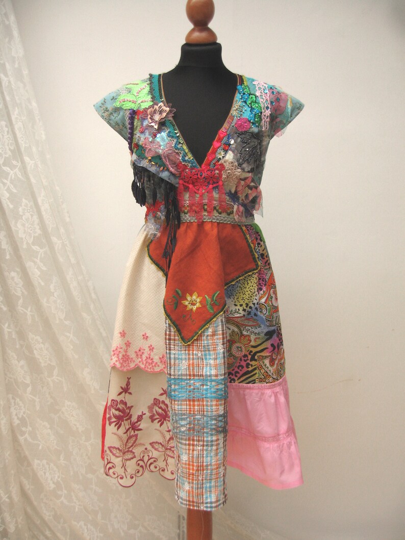 Unigue Mix Cotton Textil Dress, Adorned Gypsy Dress, Upcycled Dress ...