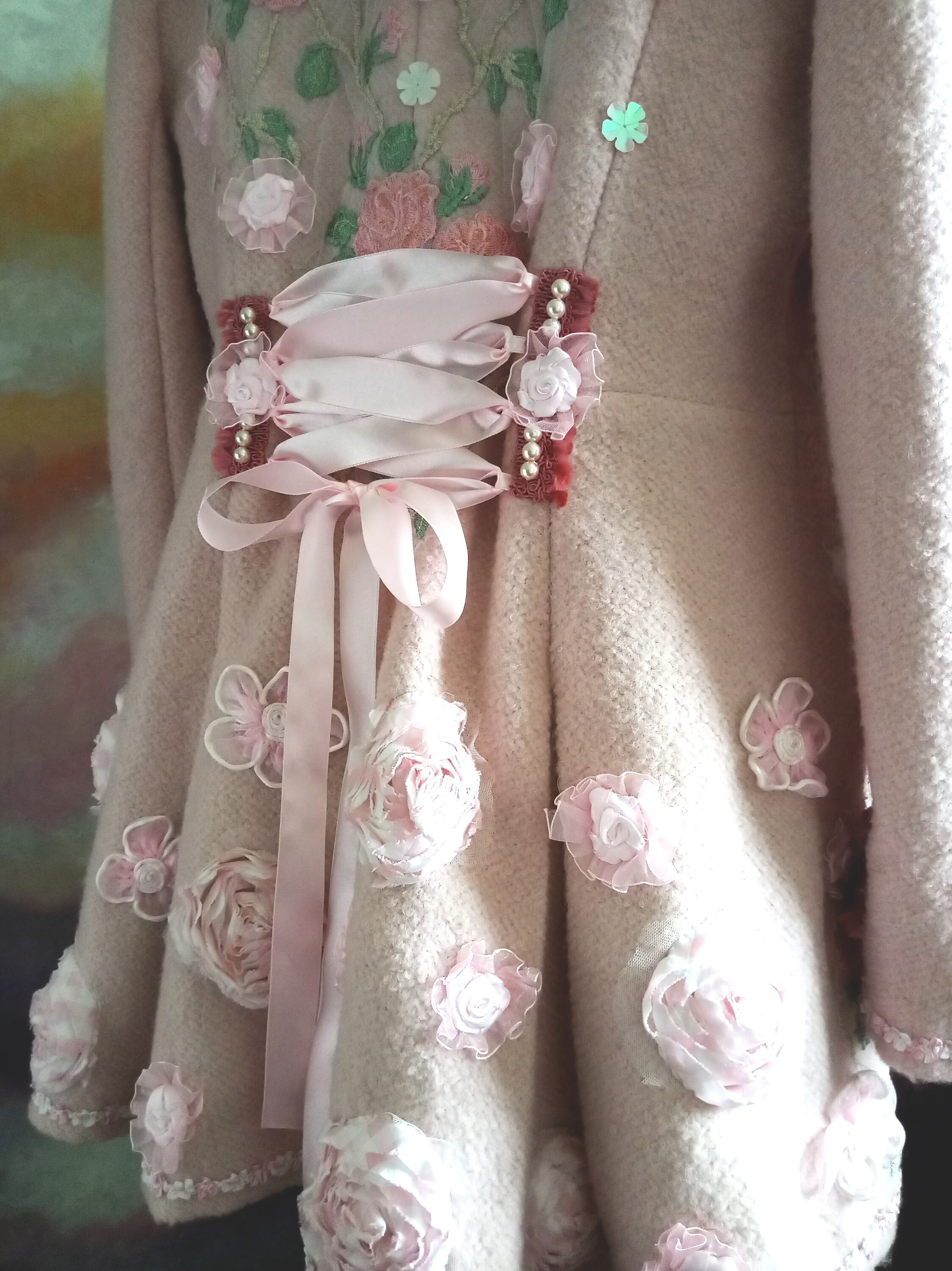 Lolita Pink Wool Coat, Floral Coat, Ornate Coat, Hand decorated, Boho ...