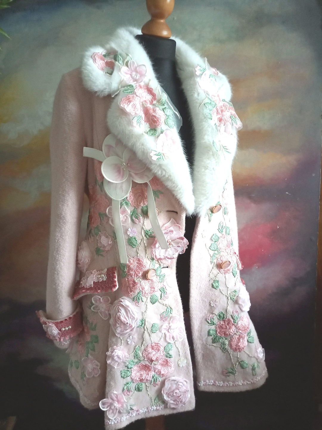 Lolita Pink Wool Coat, Floral Coat, Ornate Coat, Hand decorated, Boho ...