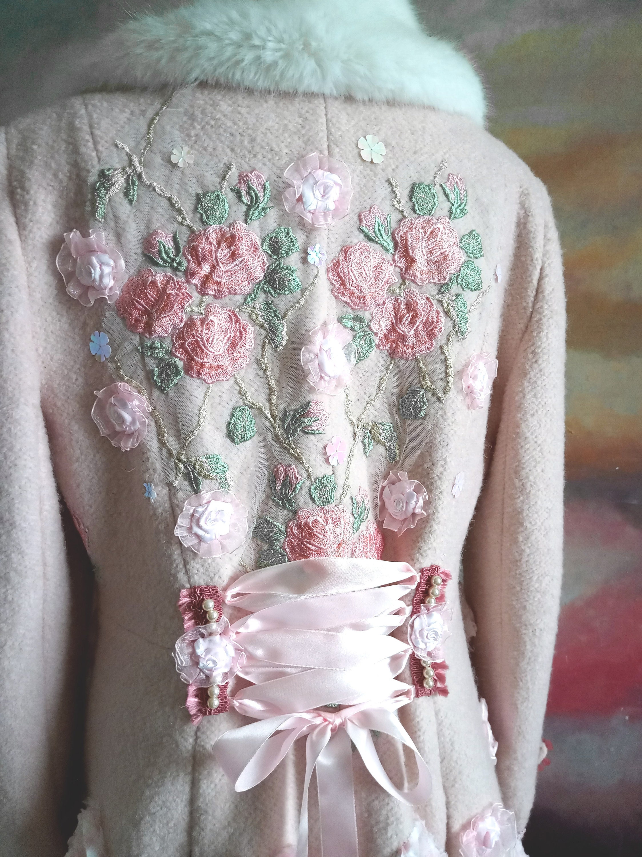 Lolita Pink Wool Coat, Floral Coat, Ornate Coat, Hand decorated, Boho ...
