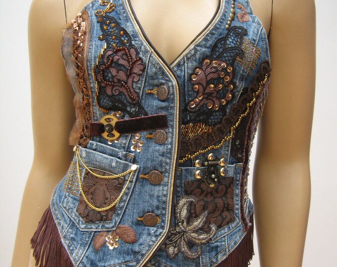 Jeans Decorated Vest, Steampunk Clothing, Hand Embroidered, Fringe Vest ...