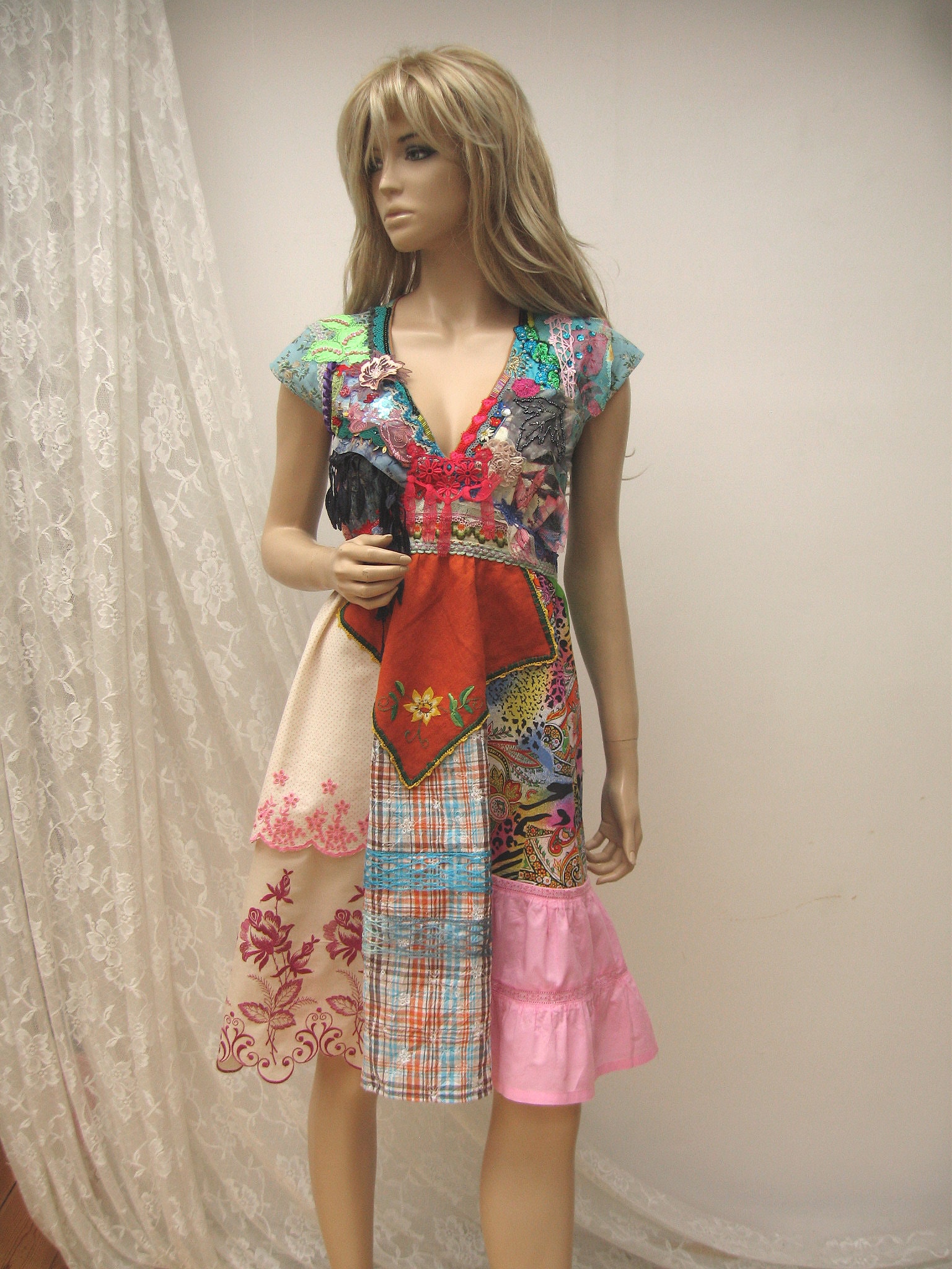 Unigue Mix Cotton Textil Dress, Adorned Gypsy Dress, Upcycled Dress ...