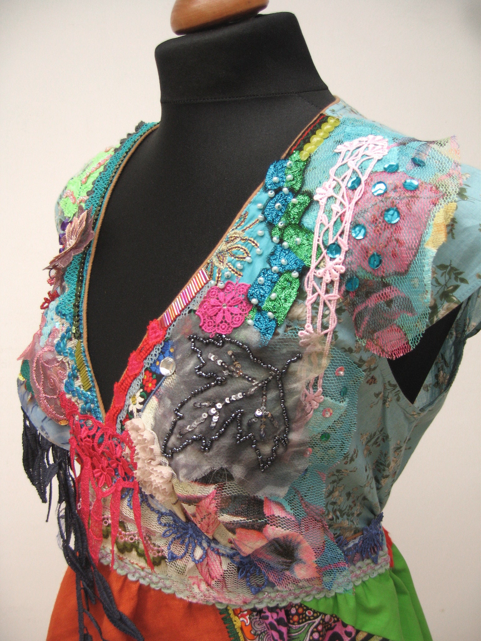Unigue Mix Cotton Textil Dress, Adorned Gypsy Dress, Upcycled Dress ...