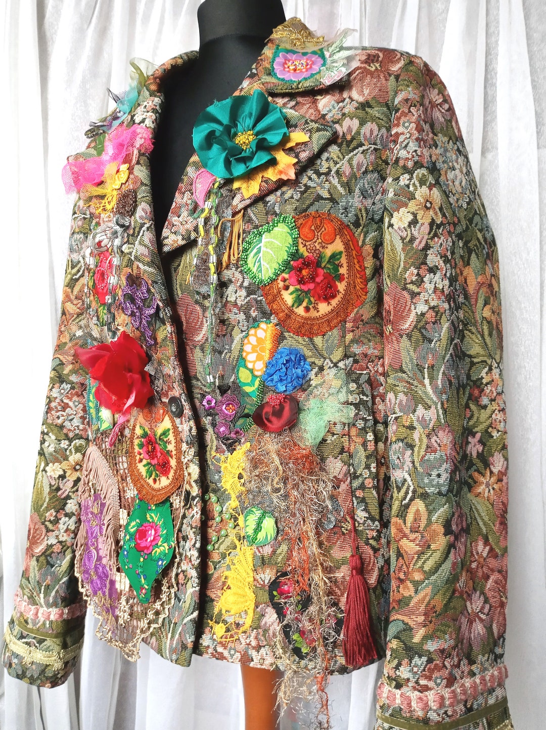 XL Shabby Chic Jacket, Gobelin Romantic Jacket, Bead Embroidered ...