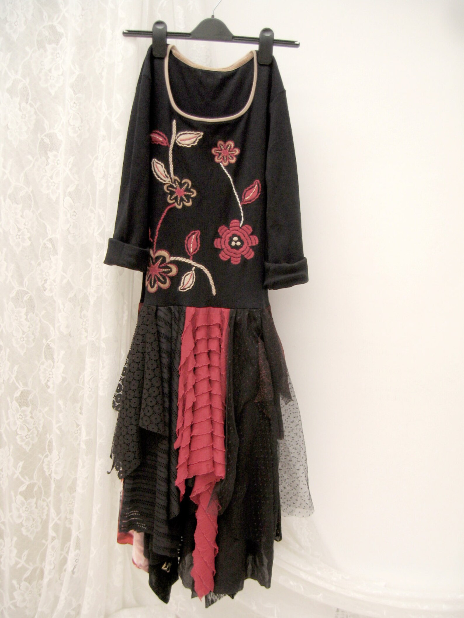 Upcycled Boho Black Dress, Embroidered Bustier Dress, Reworked ...