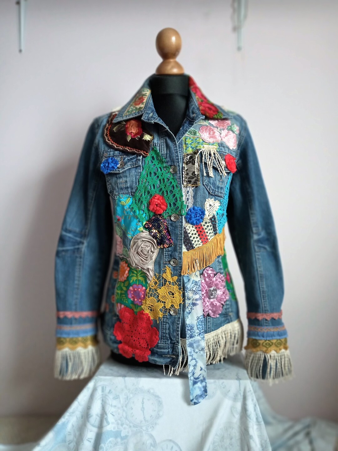Upcycled Boho Denim Jacket, Wearable Art, Hand Embroidered, Art to Wear ...