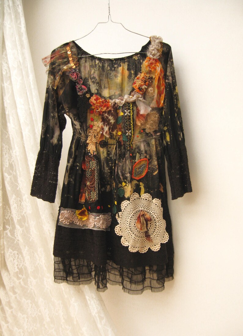 Unigue Cotton Black Mini Dress Adorned Gypsy Dress Upcycled - Etsy