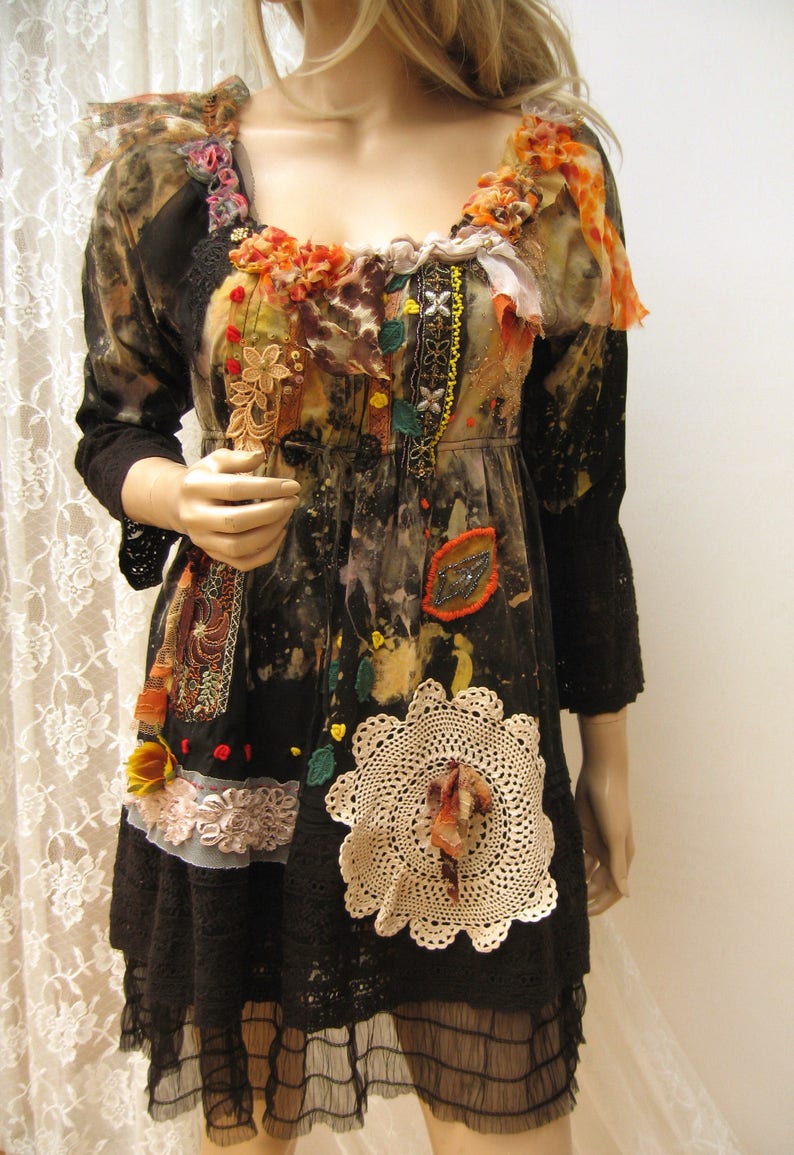 Unigue Cotton Black Mini Dress Adorned Gypsy Dress Upcycled - Etsy