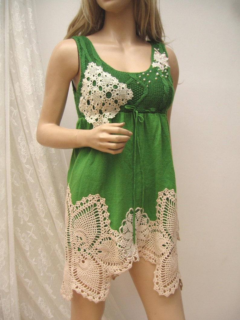 Shabby Chic Green Tunic, Gypsy Blouse, Upcycled Clothing, Boho Reworked ...