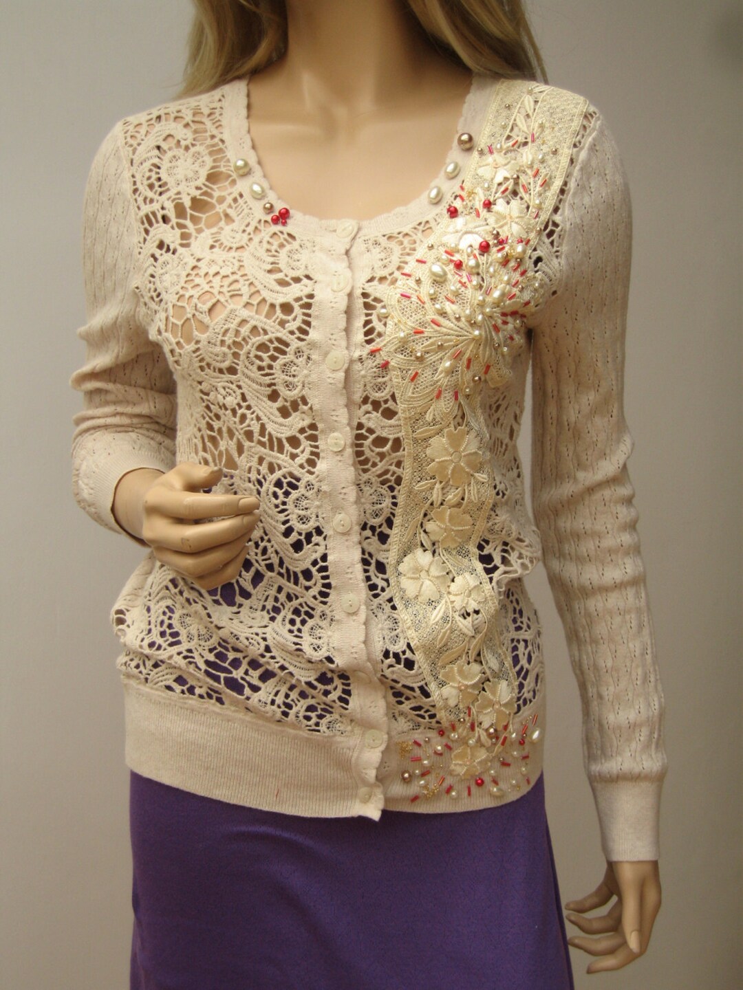 Ornate Romantic Bead Embroidered Cardigan, Openwork Sweater, Classic ...