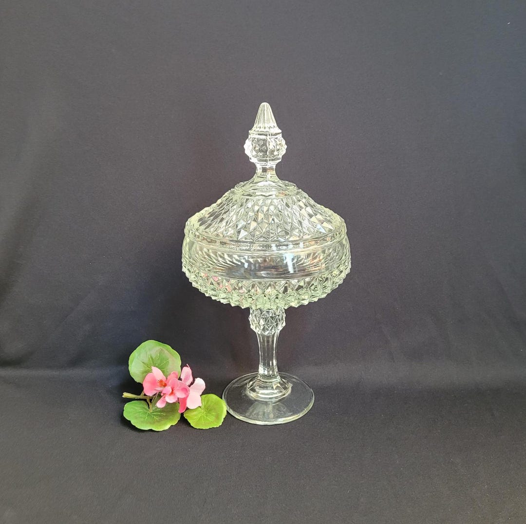Vintage Glass Candy Dish With Lid Pedestal Candy Dishes Diamond Point ...